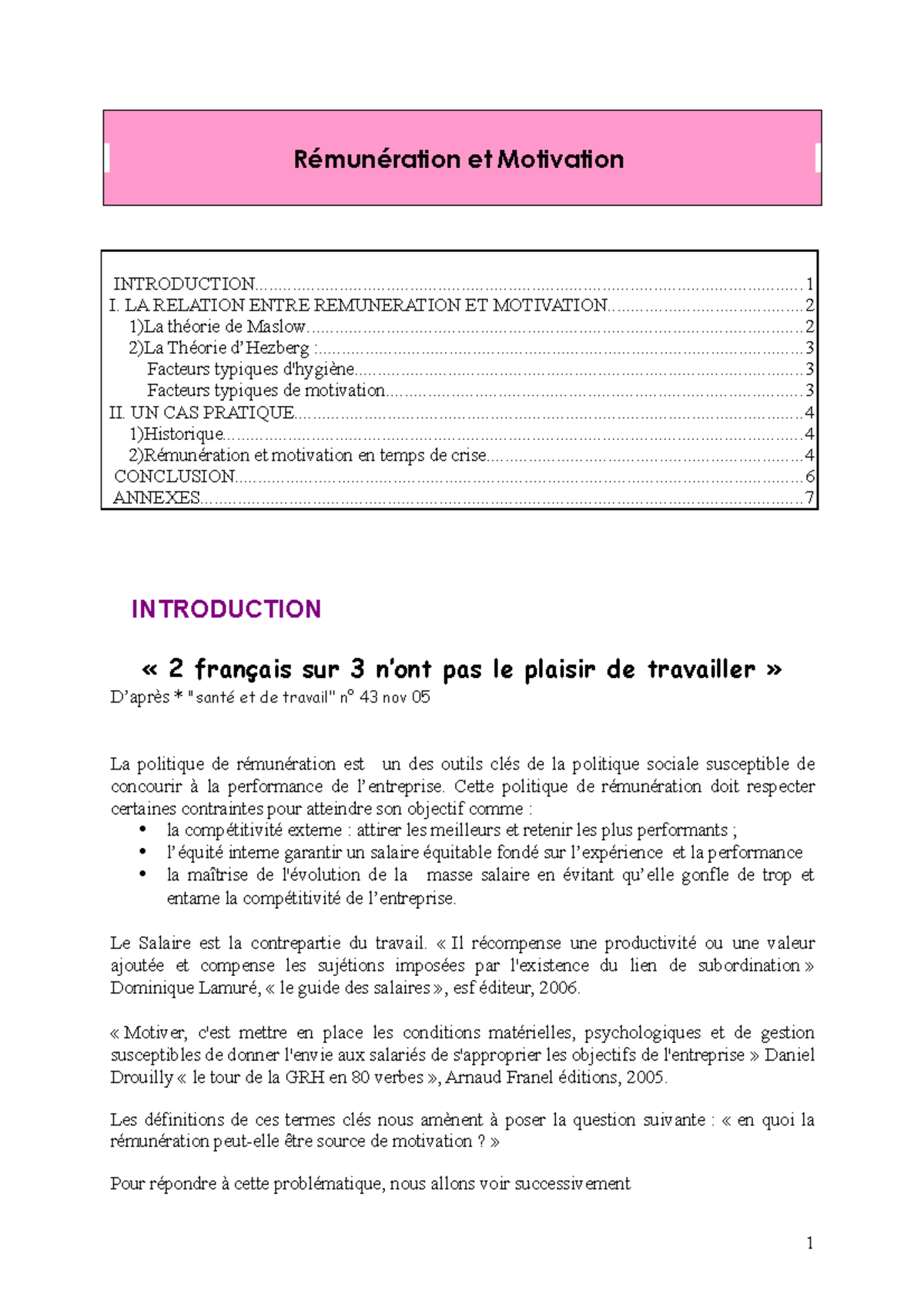Rémunération et Motivation : Analyse des Théories et Cas Pratique - Studocu