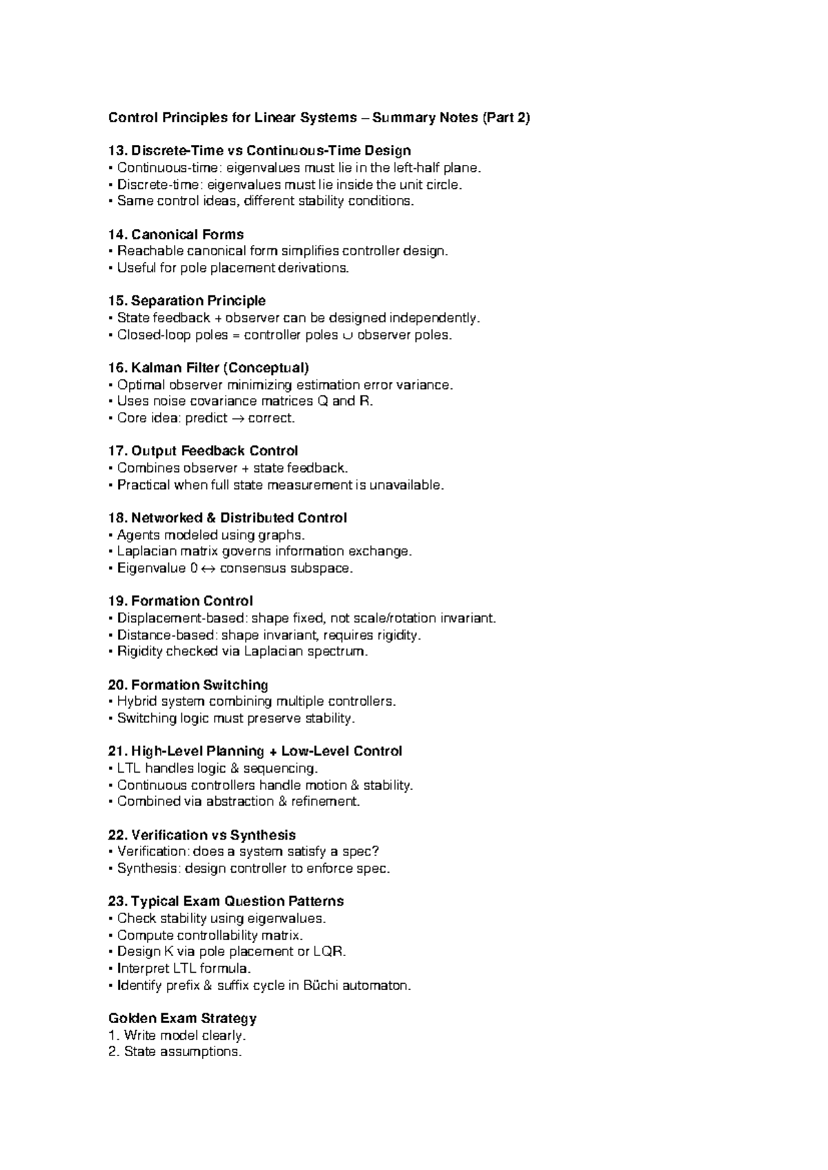 Control Principles for Linear Systems Summary Notes (Part 2) - Studeersnel