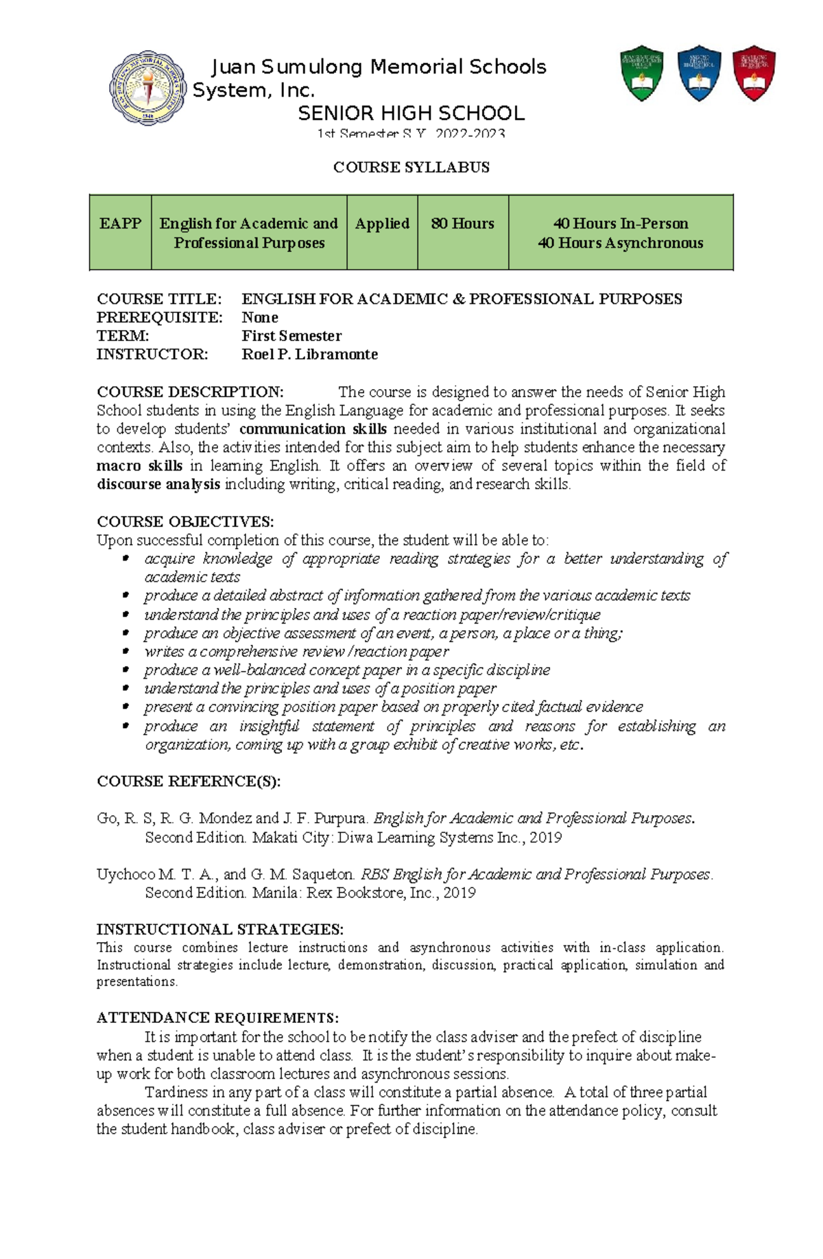 EAPP Syllabus 2024-2025: English for Academic & Professional Purposes ...