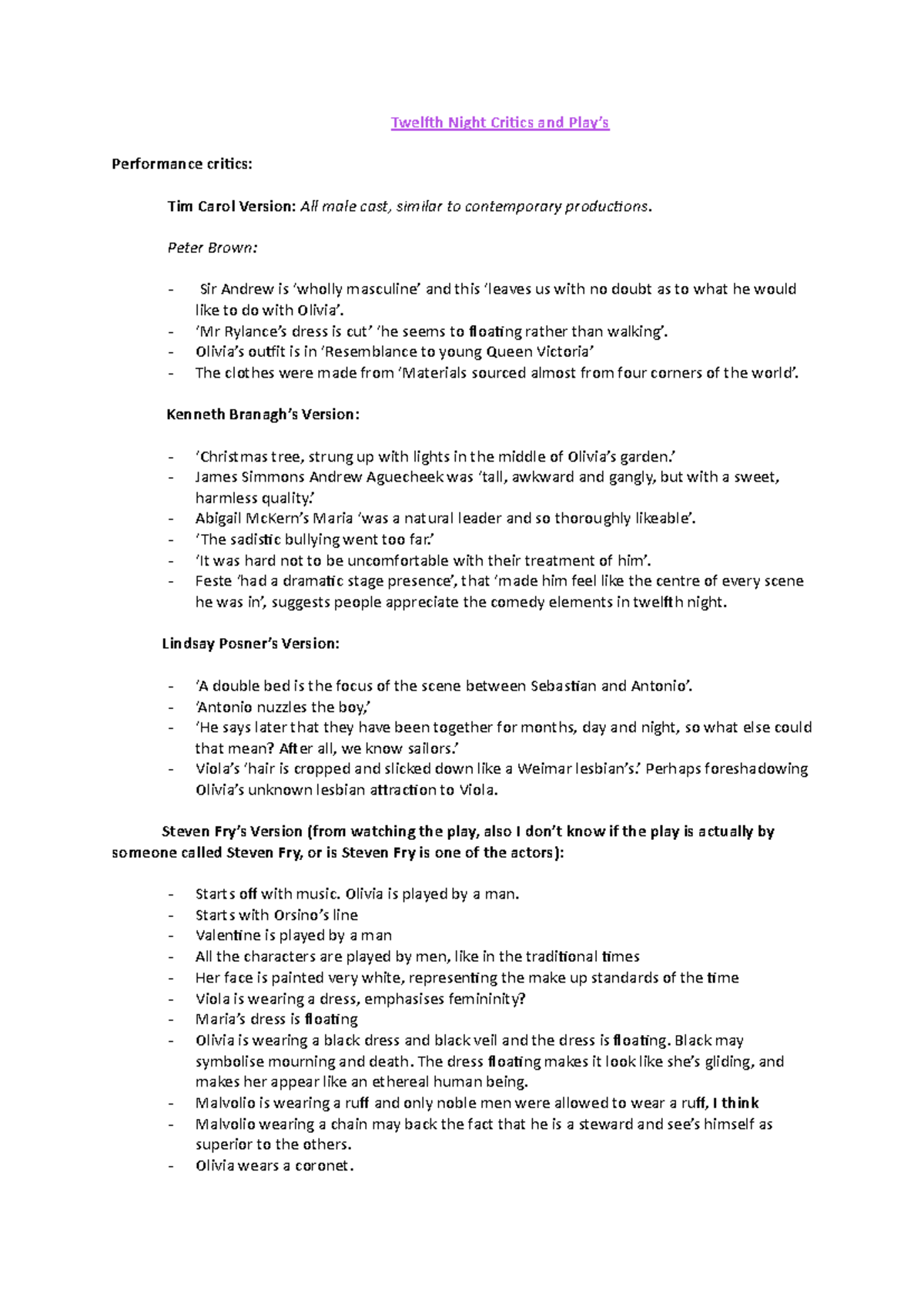 Twelfth Night Critique: Analysis of Performance Versions and Characters ...