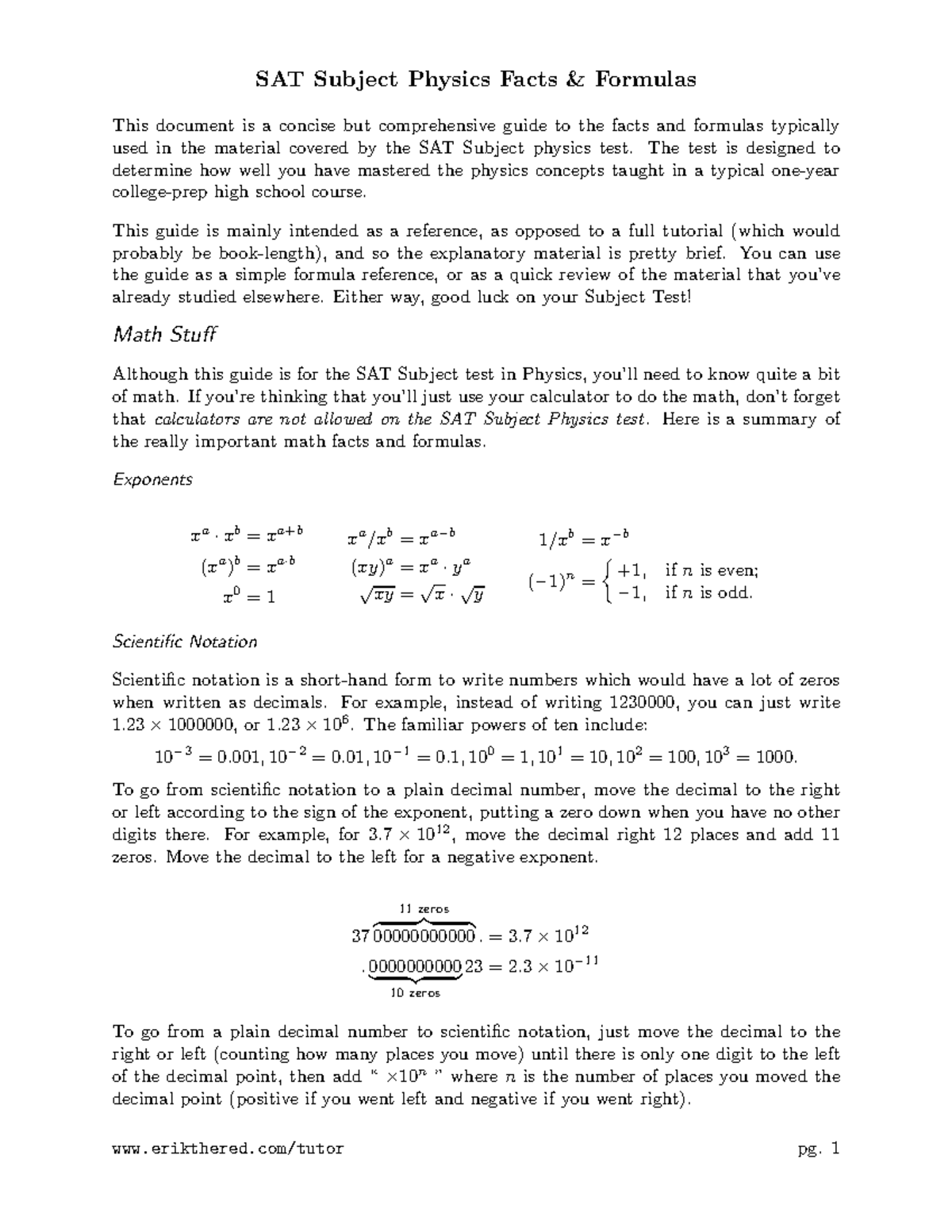SAT Subject Physics: Key Facts & Formulas Guide - Studocu