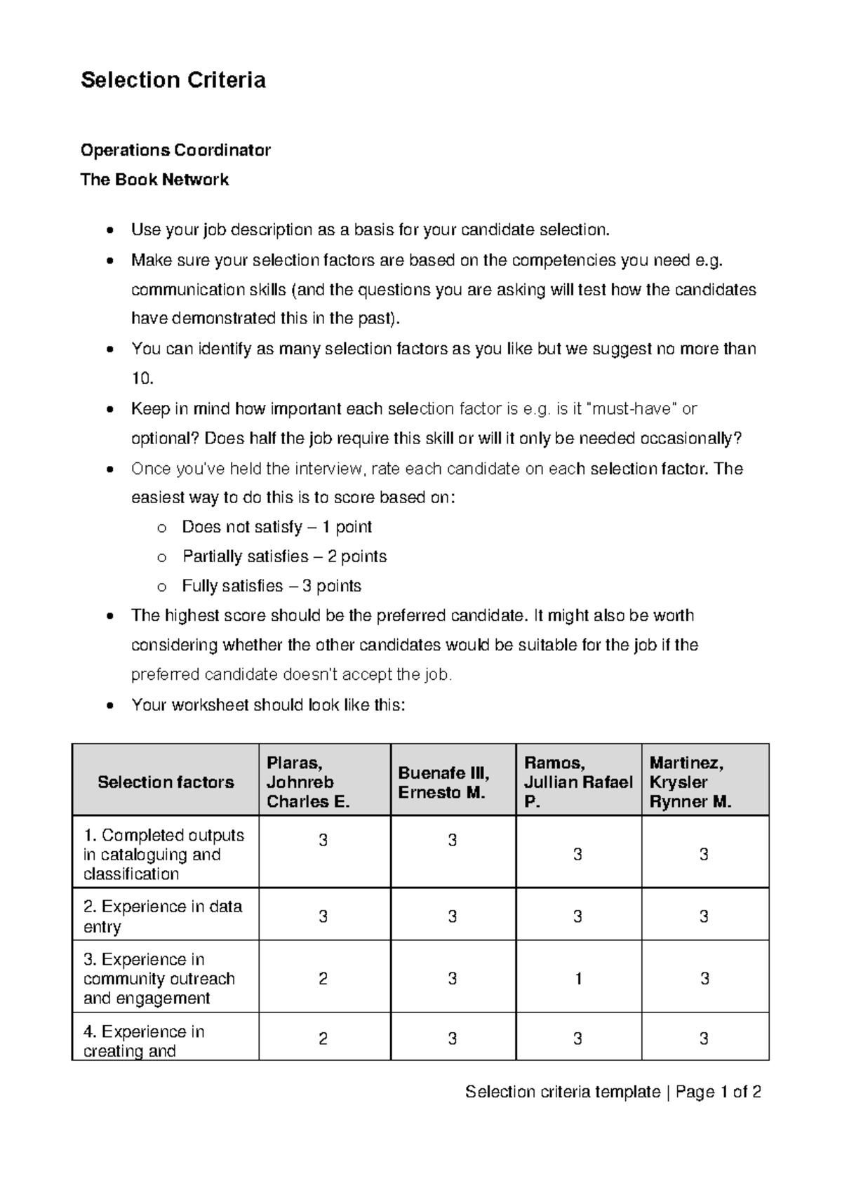 Campo - UCOS 1-2 - Selection Criteria Template - Selection Criteria ...