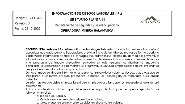 INFORMACIÓN DE RIESGOS LABORALES (IRL) - JEFE TURNO PLANTA III - Studocu