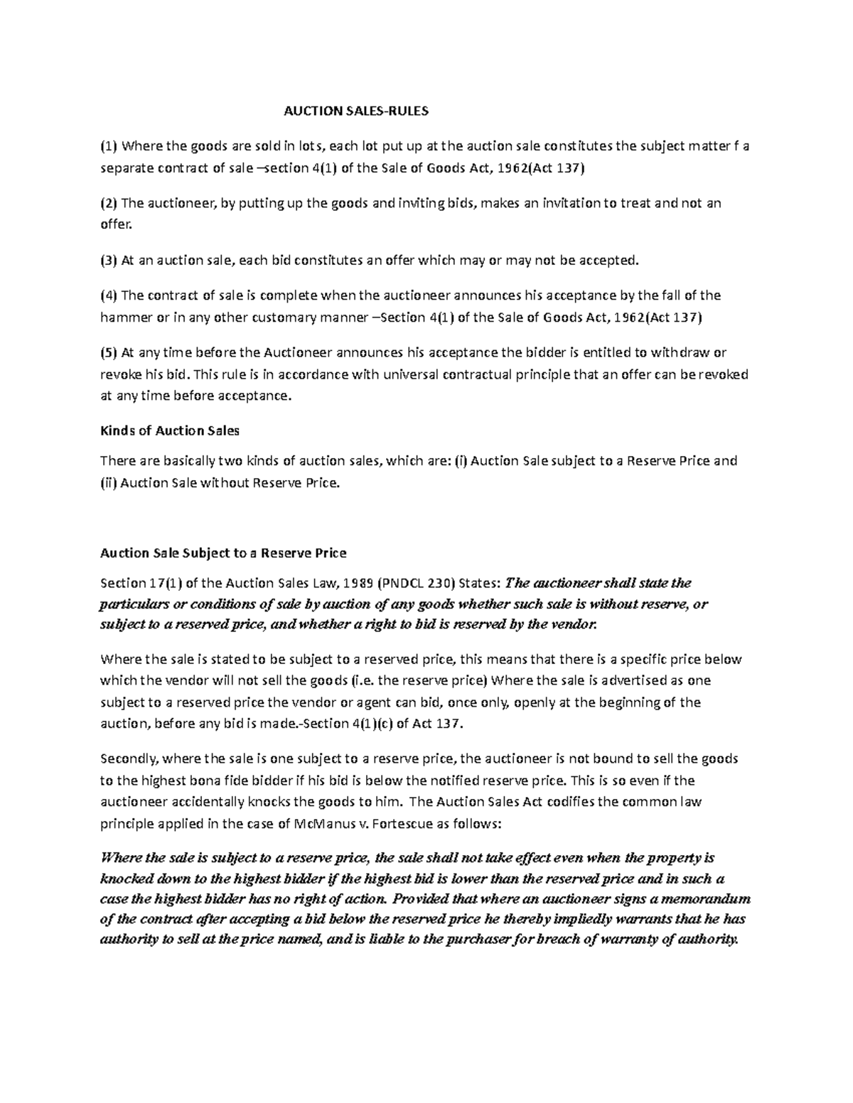 Auction Sales - Key Rules and Types Explained (Legal Notes) - Studocu