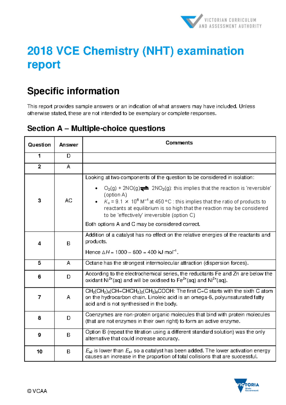 2018 VCE Chemistry (NHT) Exam Report: Sample Answers & Analysis - Studocu