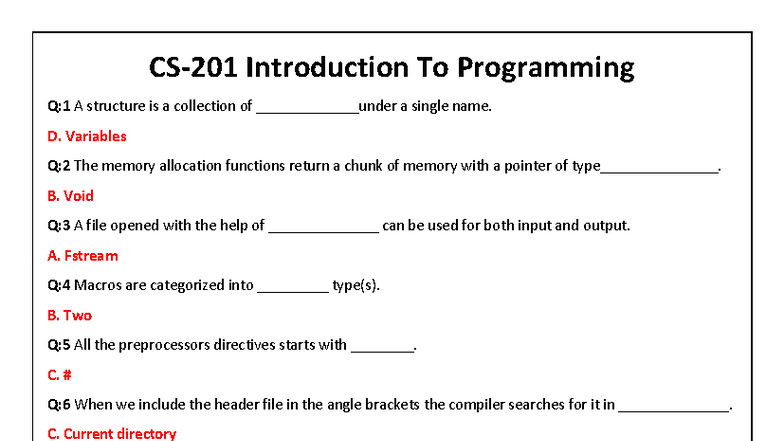 CS201 Final Term: Introduction to Programming Concepts and Structures - Studocu
