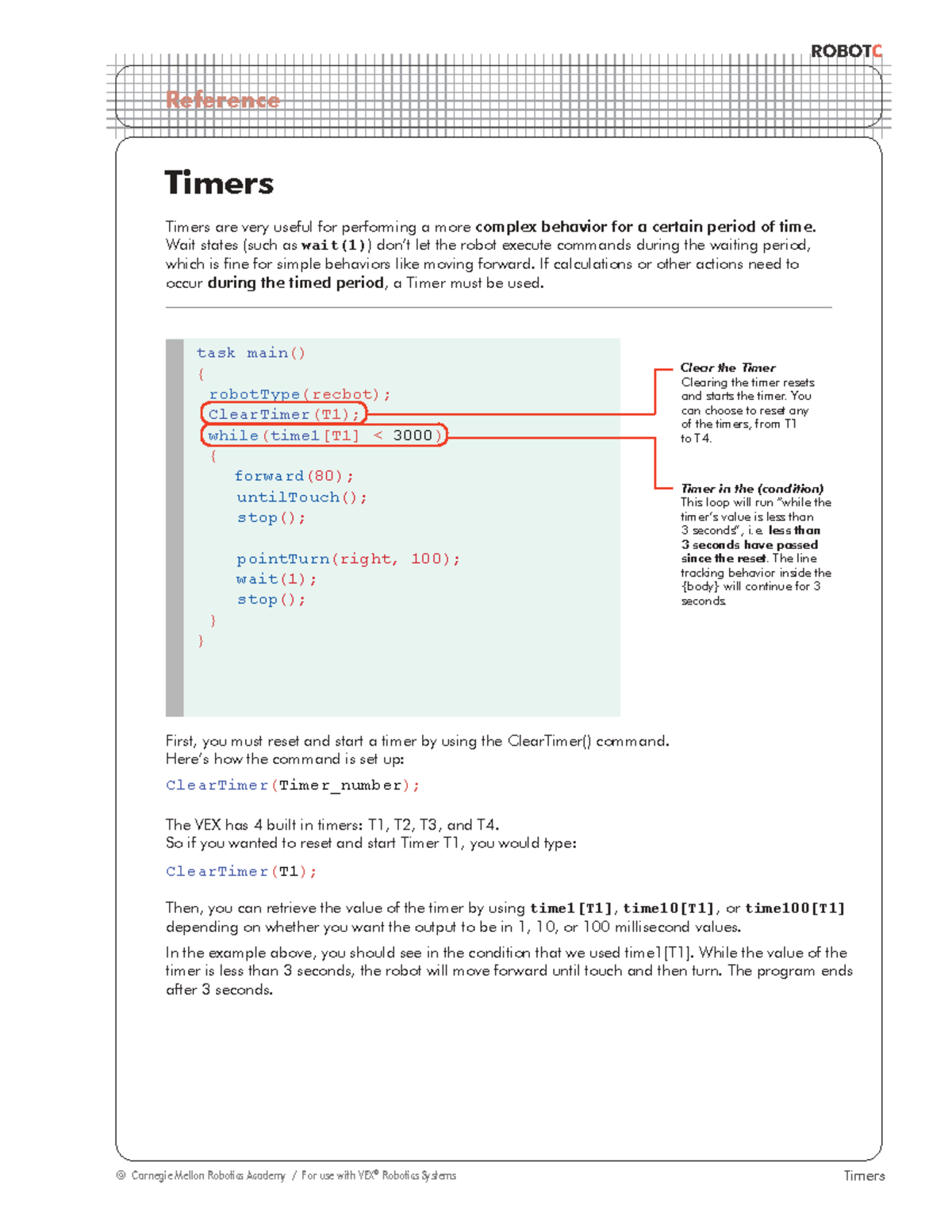 ROBOTC Reference: Timers for Robotics Systems - Studocu