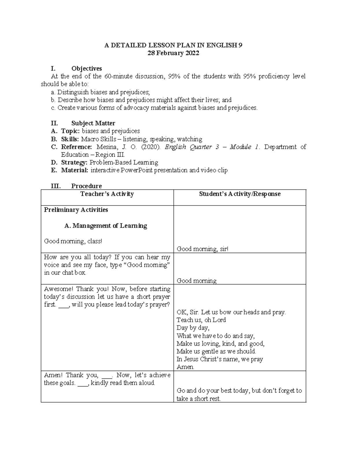 English 9 DLP - Q3, L2 - Detailed Lesson Plan on Biases and Prejudices - Studocu