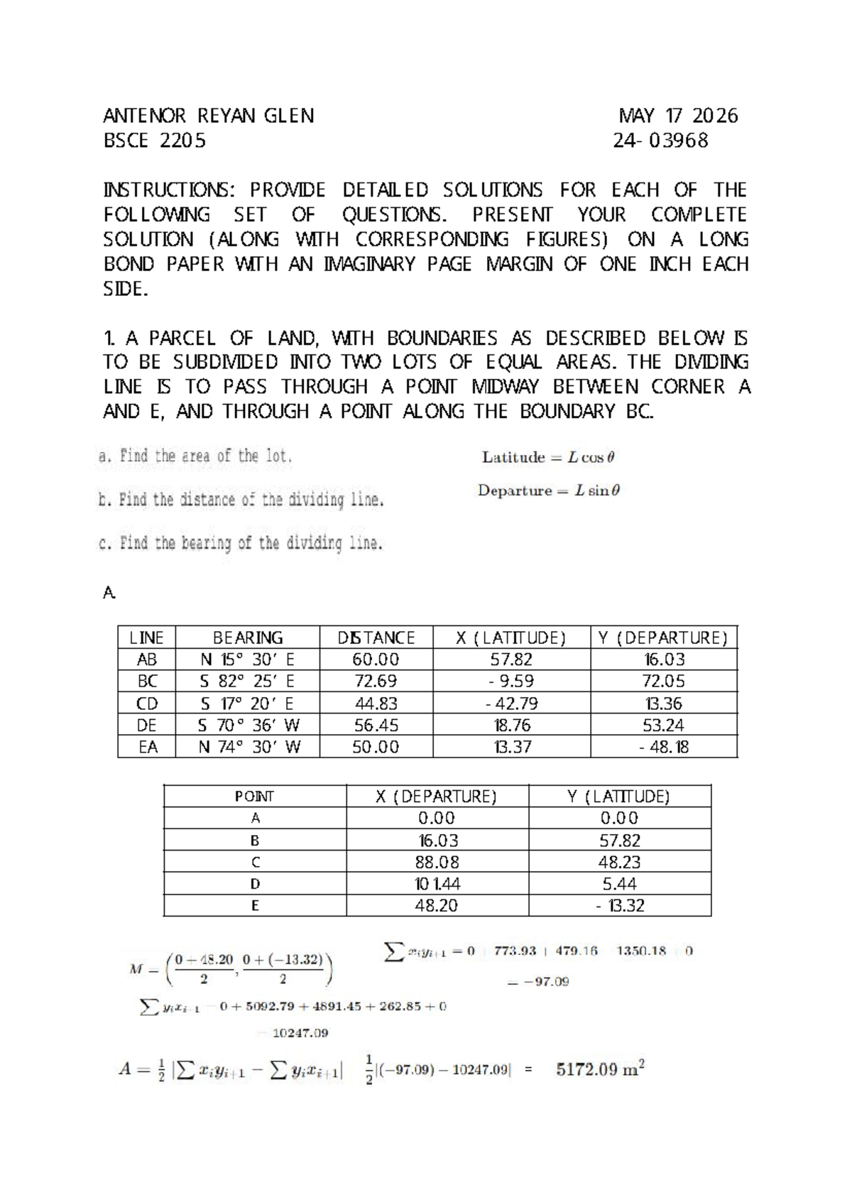 BSCE 2205 Practice Materials: Land Subdivision Solutions - Studocu