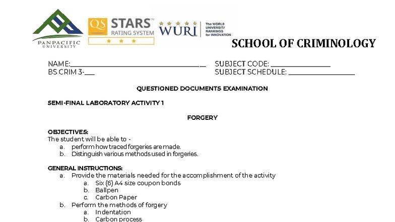 Forensic 4: Questioned Documents Examination Lab Activity 1 - Studocu