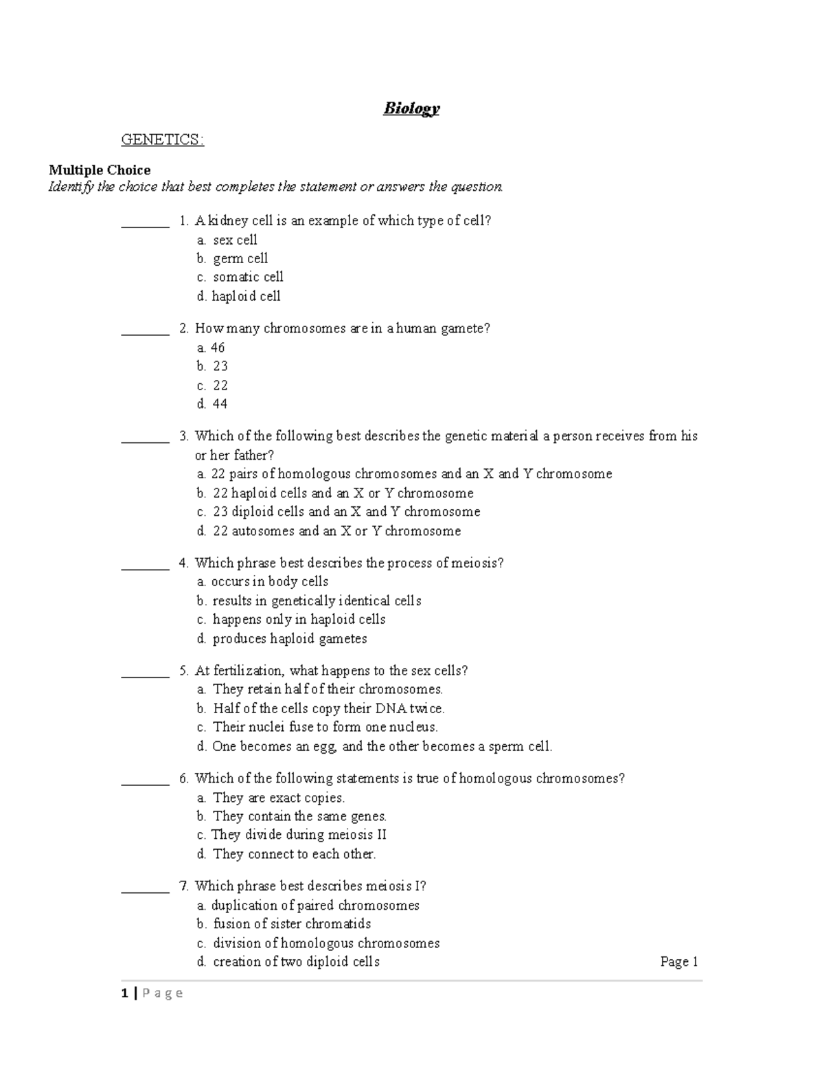 Biology Genetics Test + Answer Key - Biology GENETICS: Multiple Choice ...