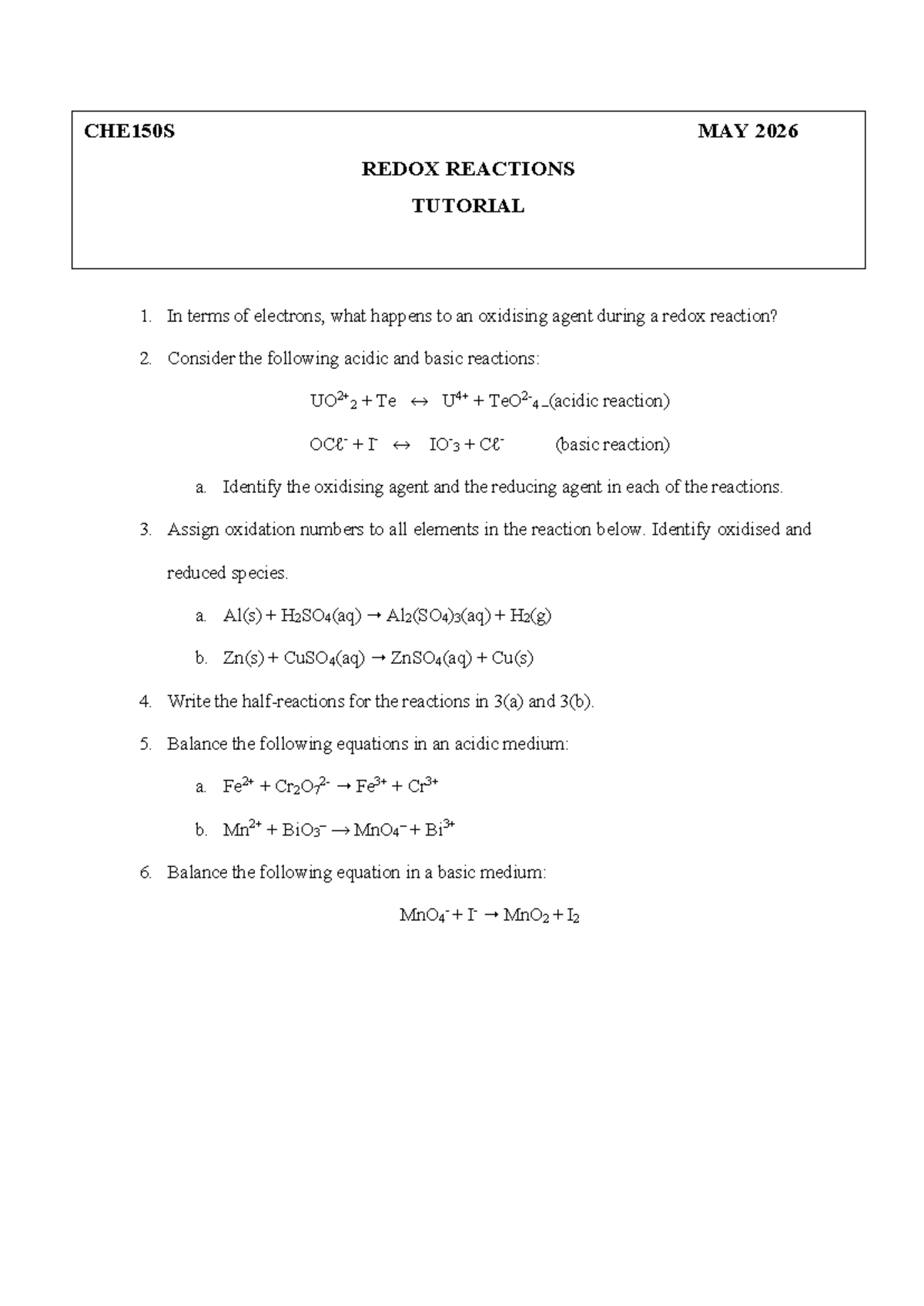 CHE150S MAY 2026 REDOX REACTIONS TUTORIAL 1 NOTES - Studocu