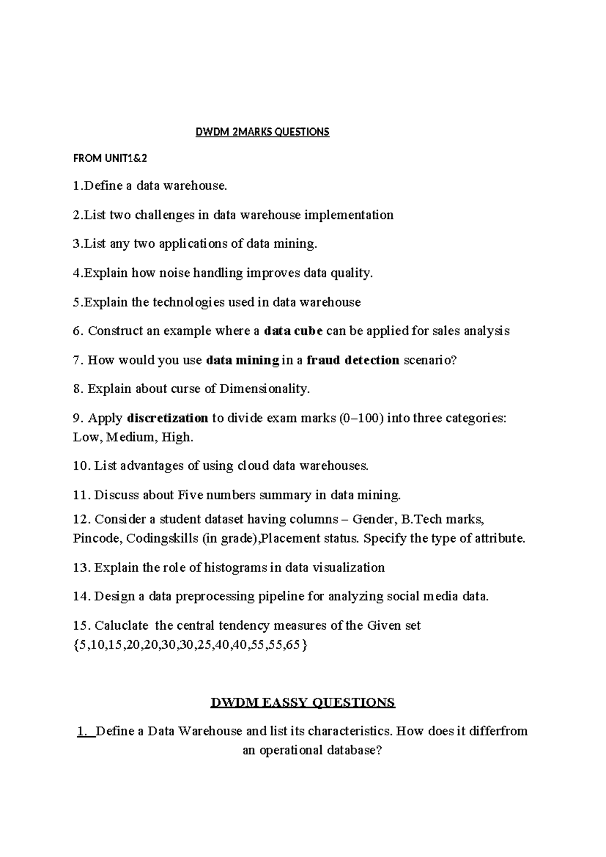 DWDM QB: Comprehensive Question Bank on Data Mining Concepts - Studocu