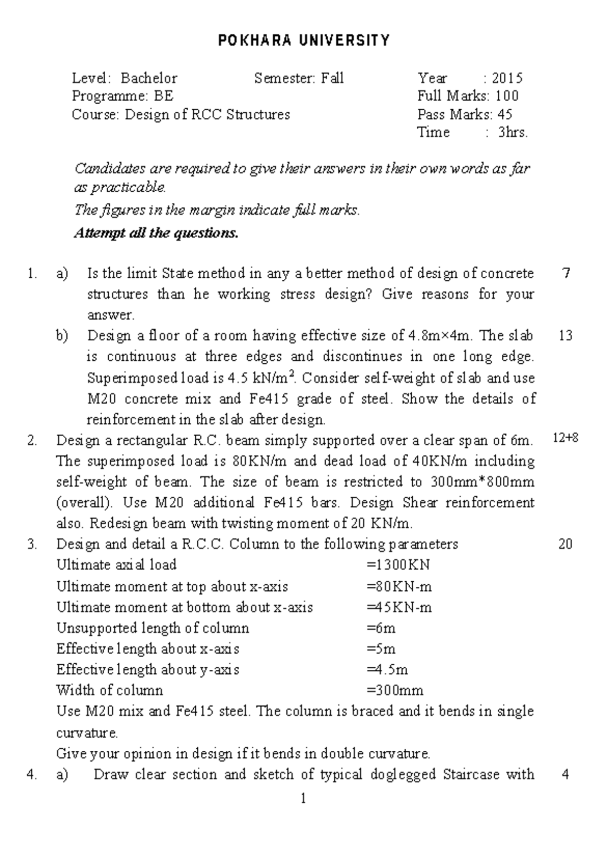 Design of RCC Structures - Past Exam Questions for B.E. Students - Studocu
