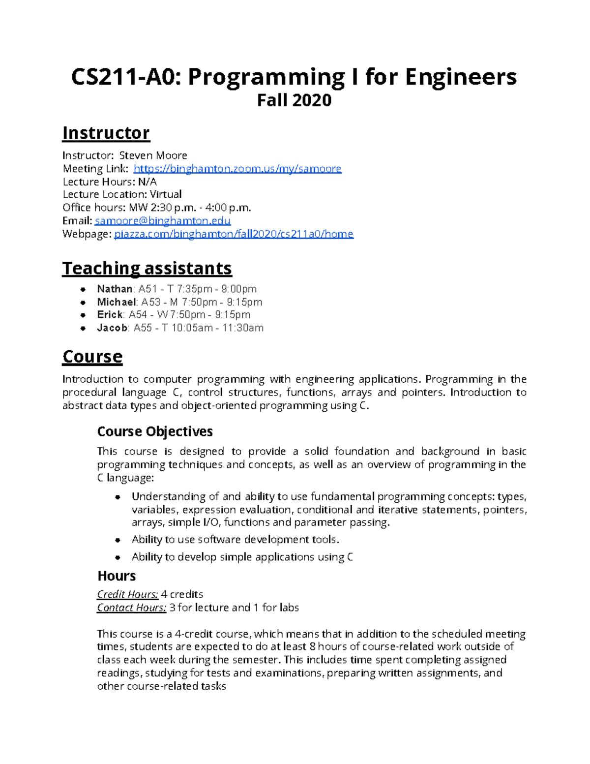 CS211 Syllabus - A0 - Fall 2020 - CS211-A0: Programming I for Engineers ...