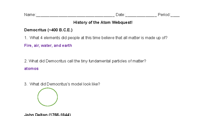 History of the Atom Webquest Answers: Key Concepts & Discoveries - Studocu