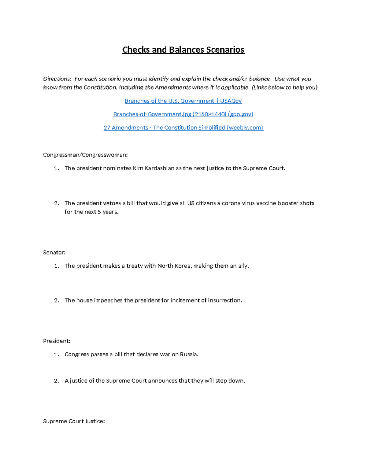 Checks and Balances Scenarios: Analyzing Constitutional Interactions ...