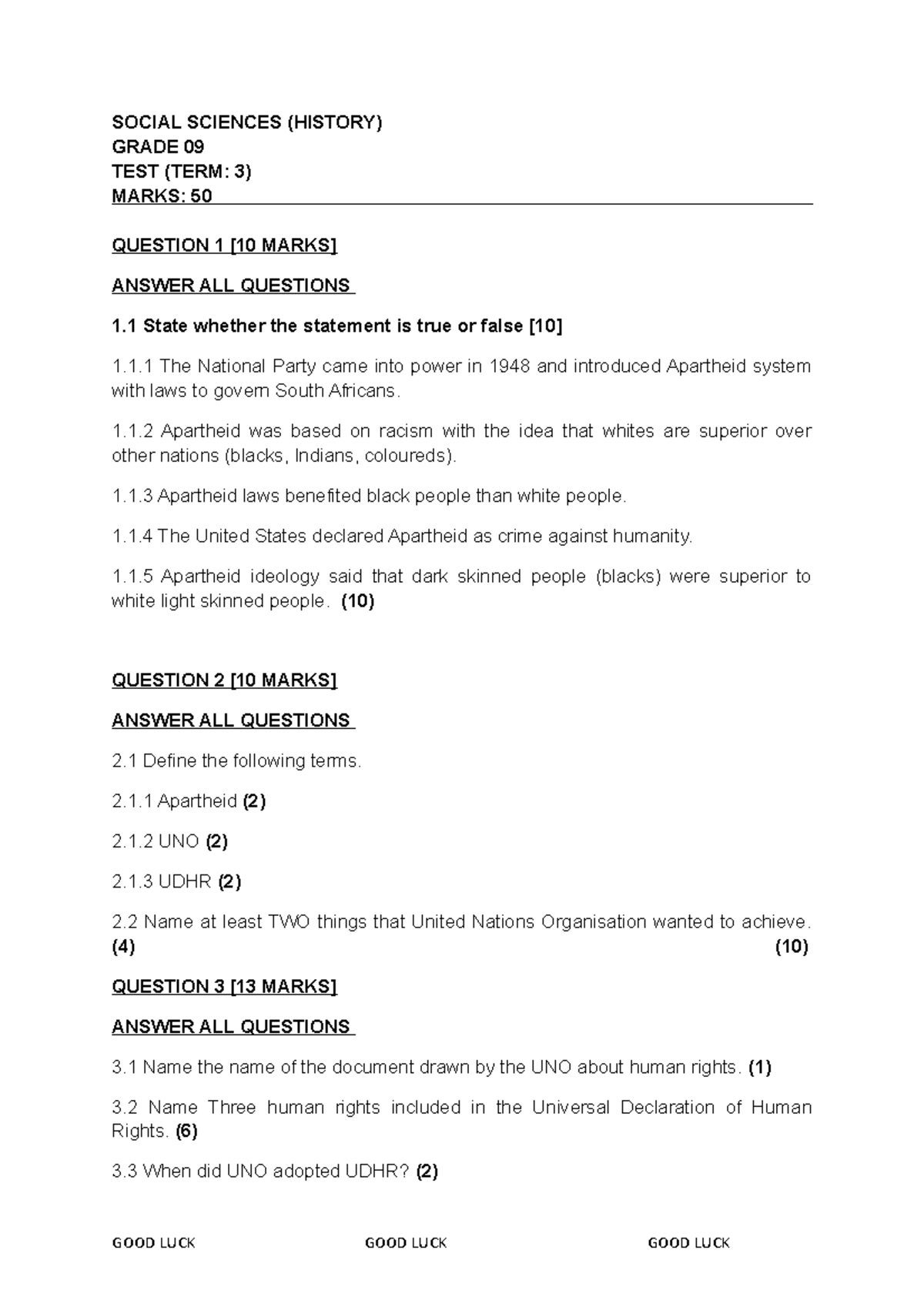 TERM 3 SS History Question Paper AND Memorandum - SOCIAL SCIENCES ...