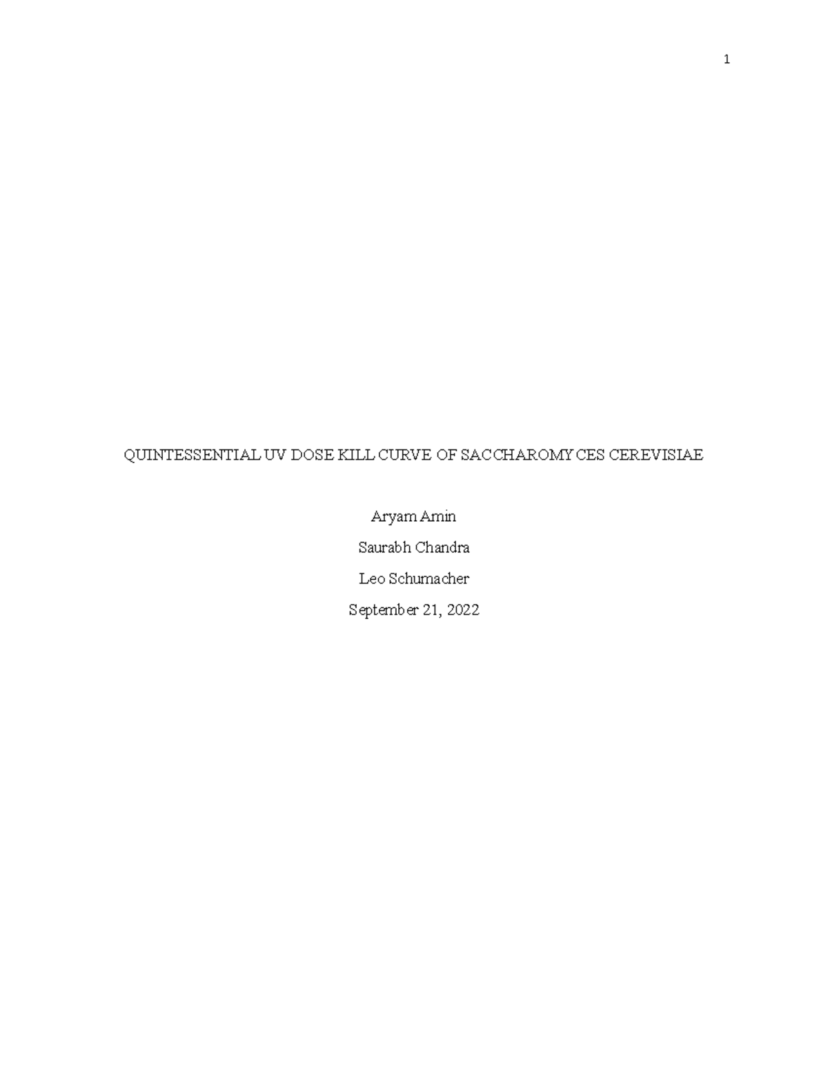 Optimal UV Dose Kill Curve Analysis for Saccharomyces Cerevisiae (BIOS ...