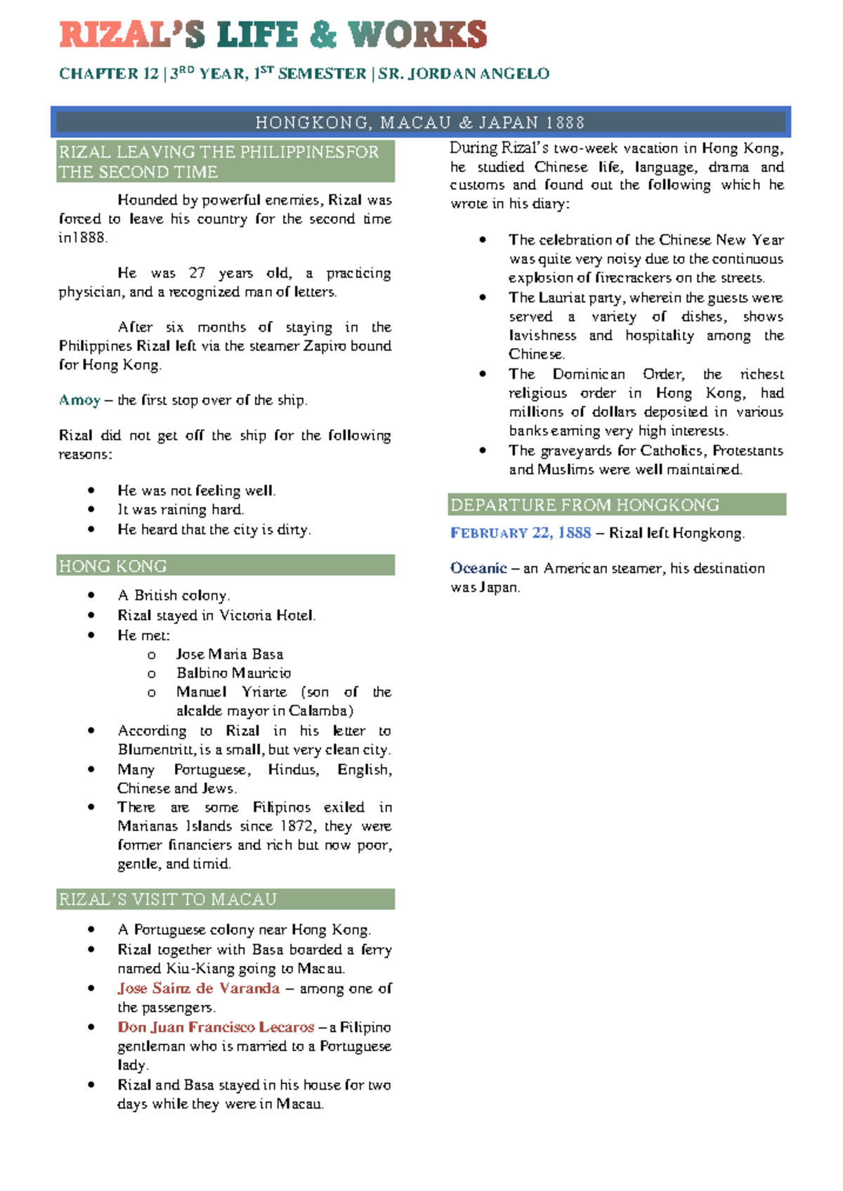 Chapter 12: Rizal's Journey to Hong Kong, Macau & Japan (1888) - Studocu