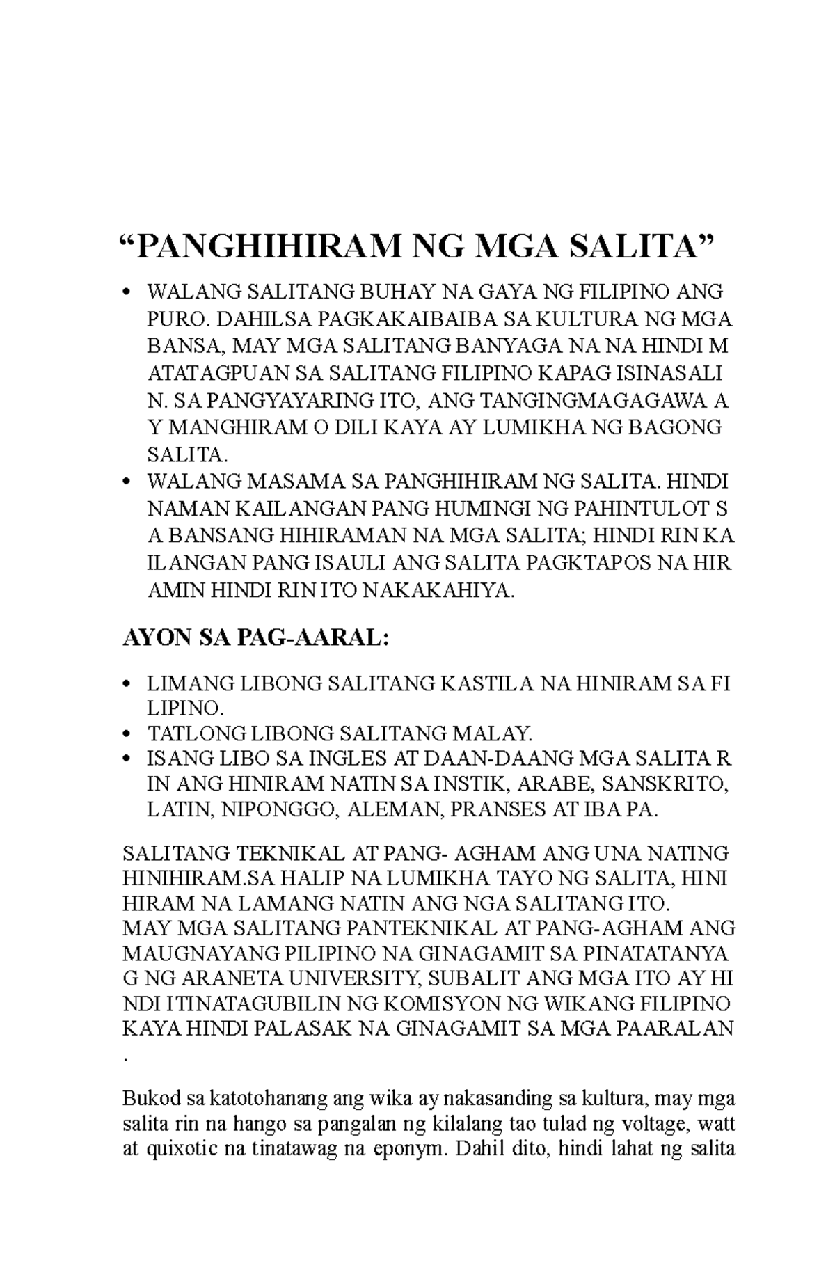 "Mga Tuntunin sa Panghihiram ng Salita sa Wikang Filipino" - Studocu