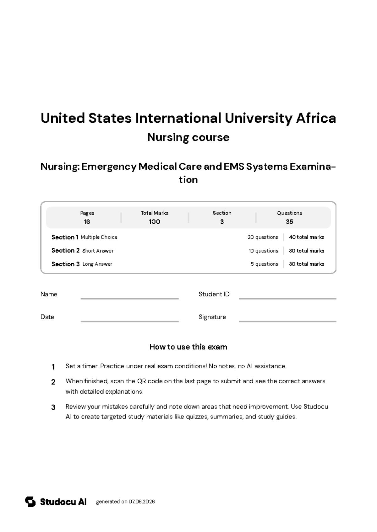 Nursing: Emergency Medical Care Exam - Studocu