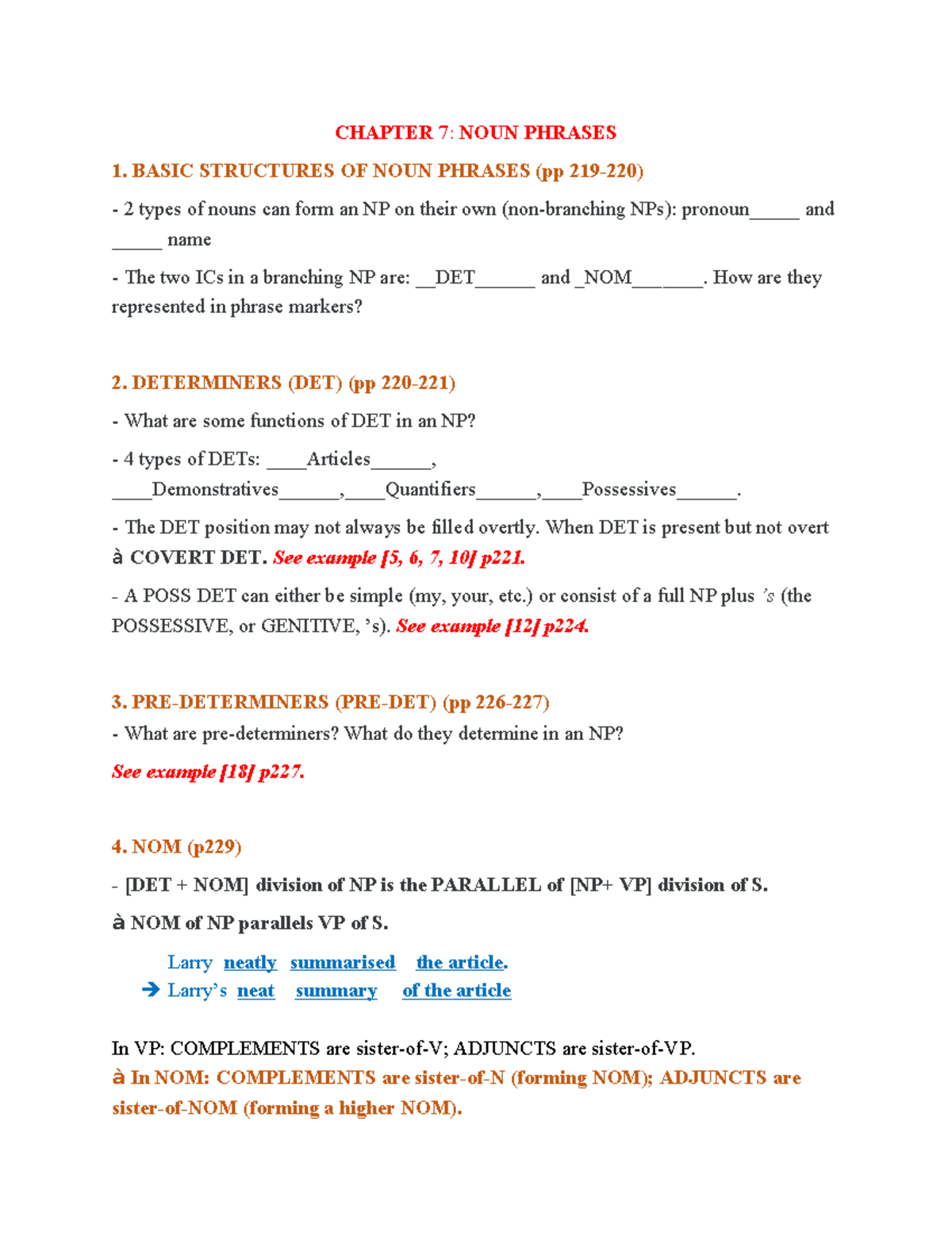 2024-Study Notes: Chapter 7 - Noun Phrases & Their Structures - Studocu