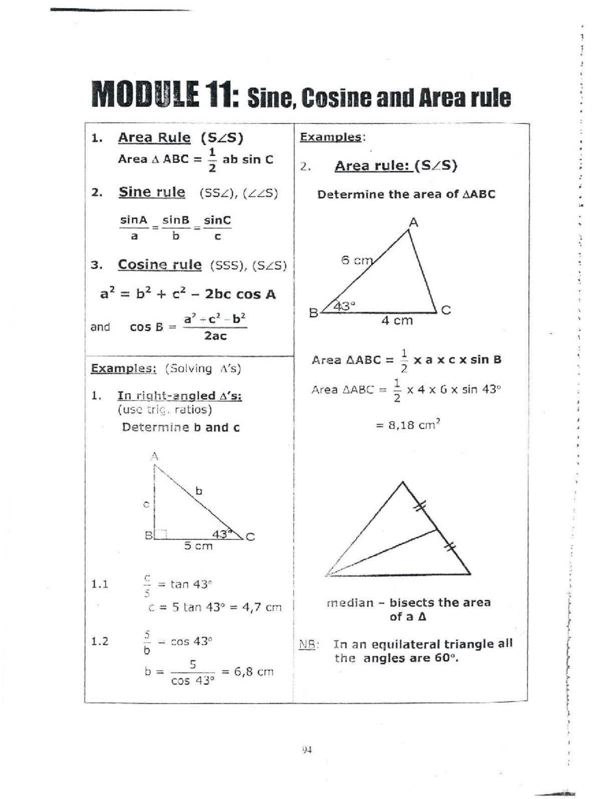 Module 11: Sine, Cosine & Area Rules Overview and Exercises - Studocu