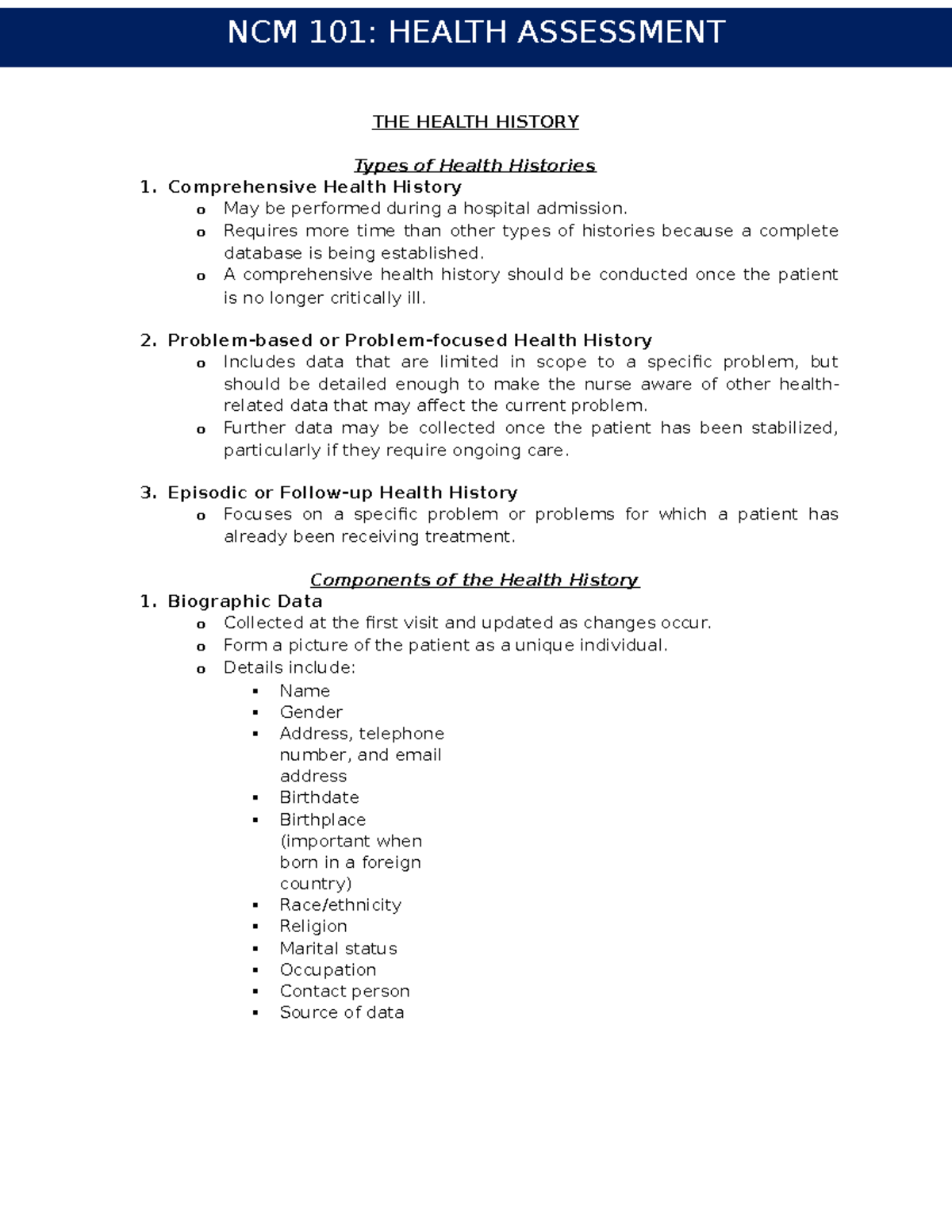 Health History Overview: Comprehensive to Focused Assessments - Studocu