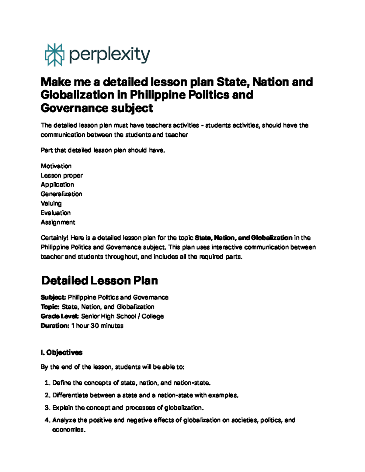 Detailed Lesson Plan: State, Nation, and Globalization in Philippine ...
