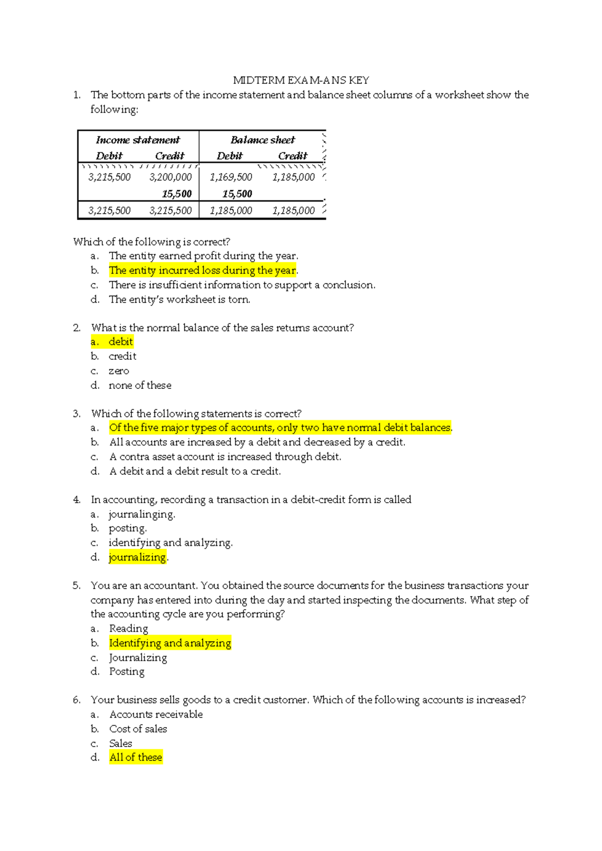 Midterm Exam Answer Key for ACCT 101 - Studocu
