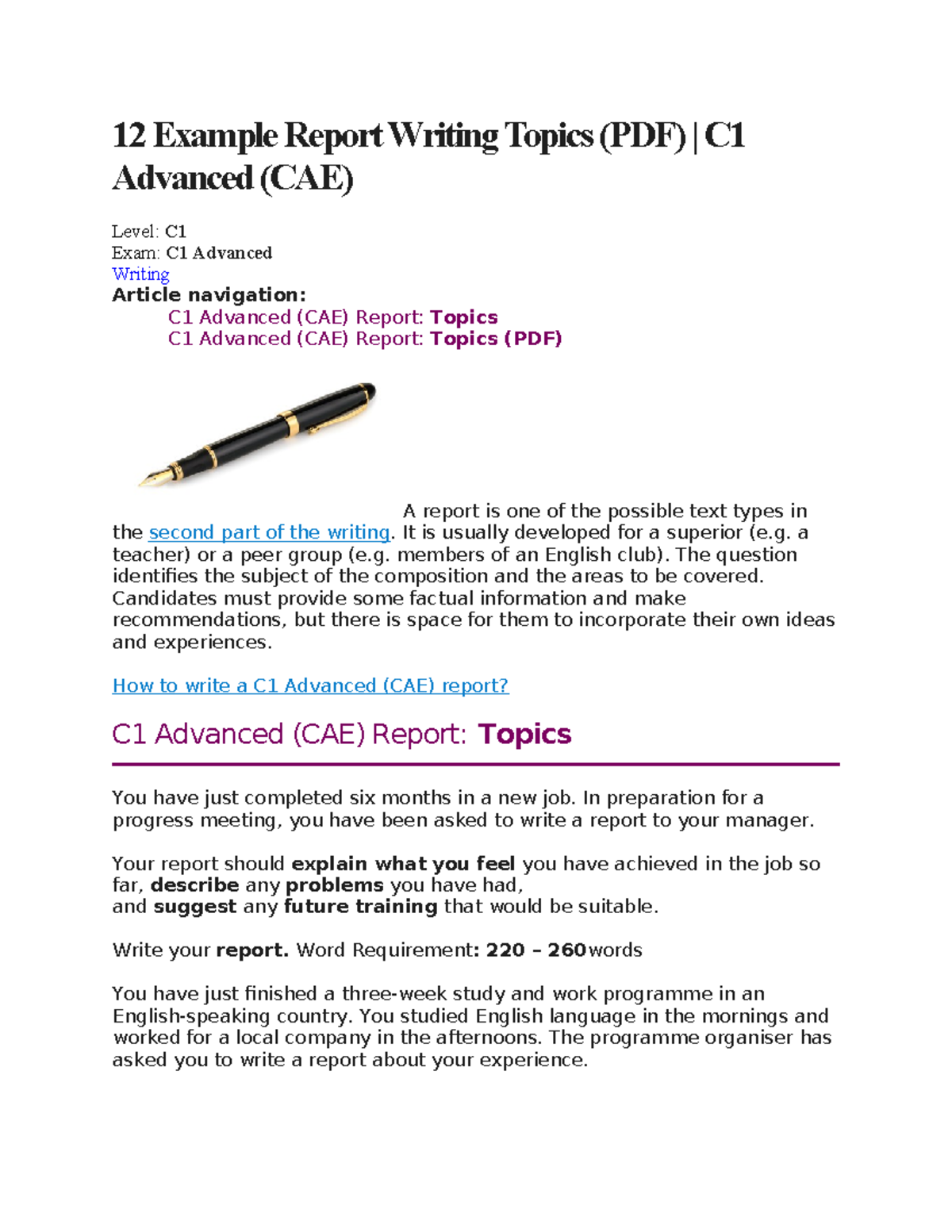 12 C1 Advanced (CAE) Report Writing Topics: Examples & Guidelines - Studocu