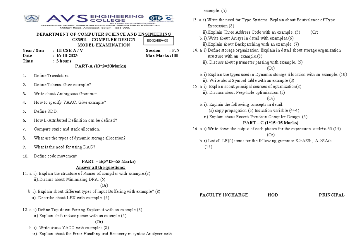 CS3501 Compiler Design Model Exam - Set A - Studocu