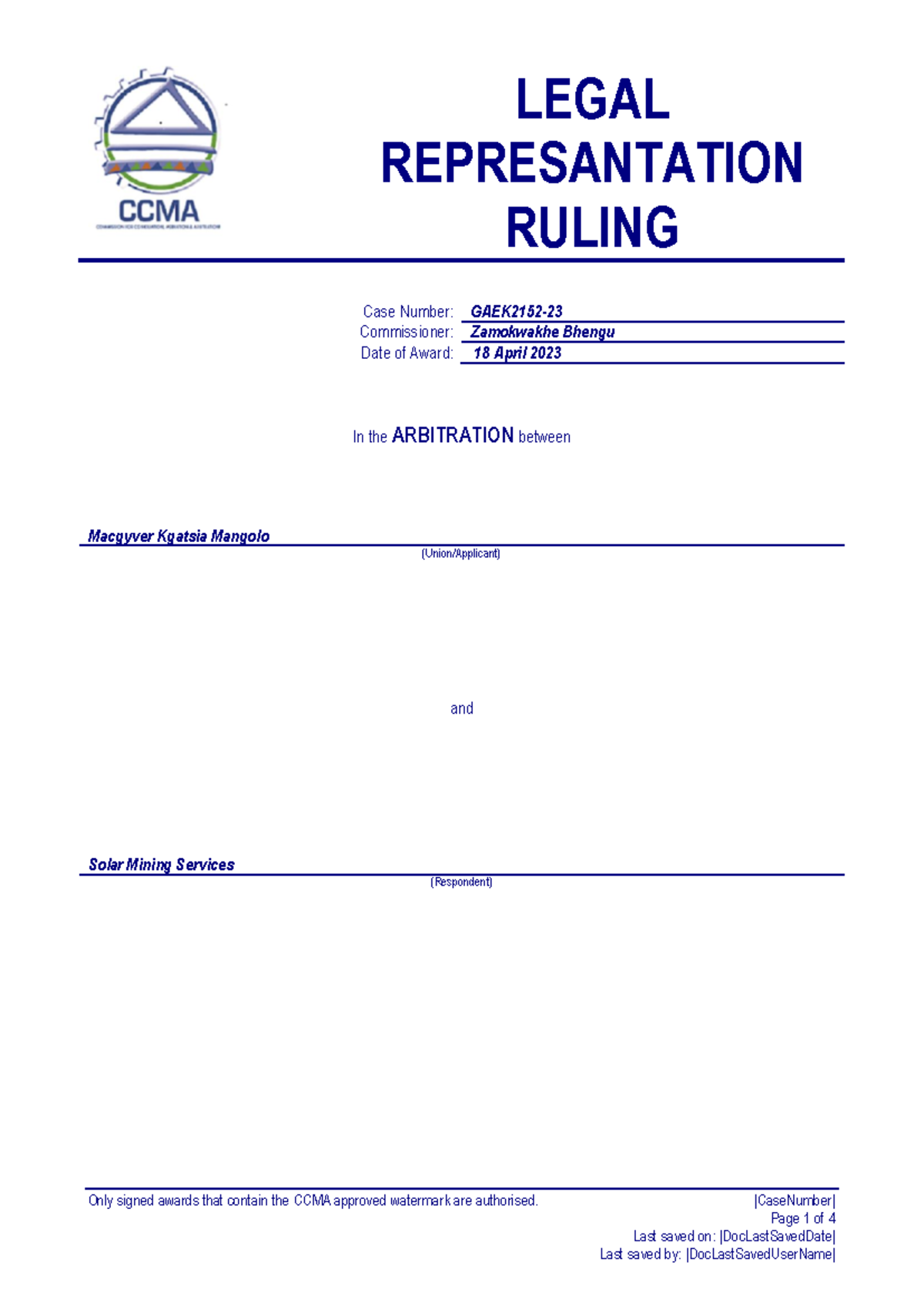Arbitration Award CCMA: Legal Representation Ruling - Case No. 2023/04 ...