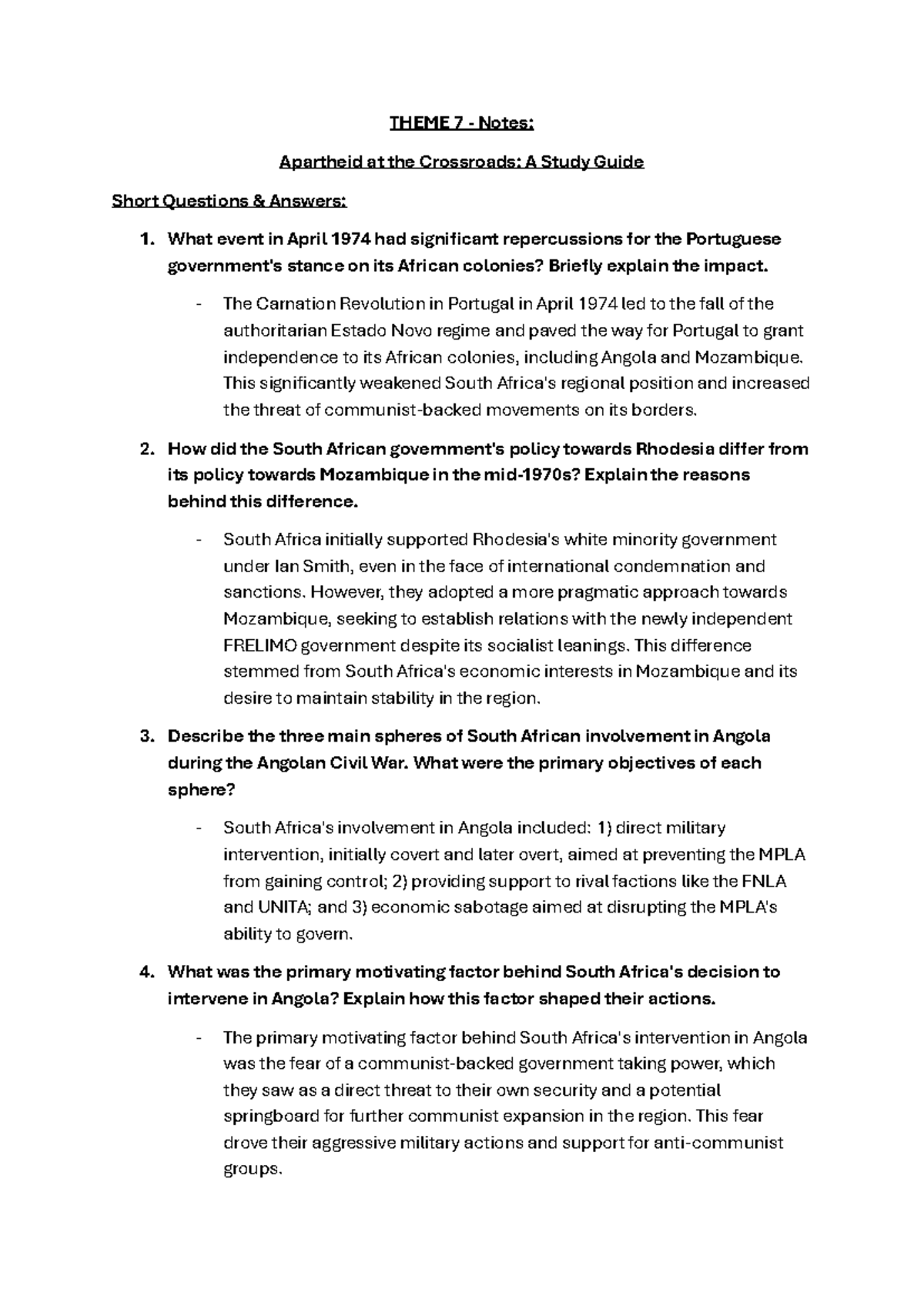 Theme 7 - Apartheid Decline: Study Notes & Short Q&A Guide - Studocu