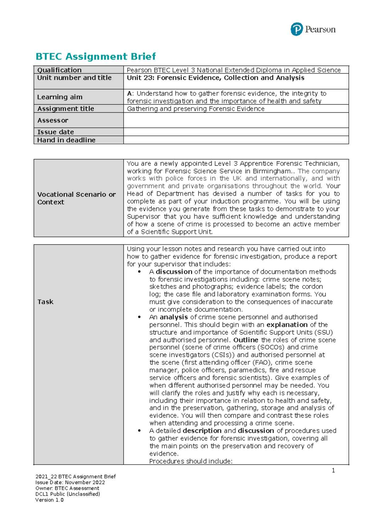 Unit 23 Forensic Evidence: Collection & Analysis Assignment Brief - Studocu