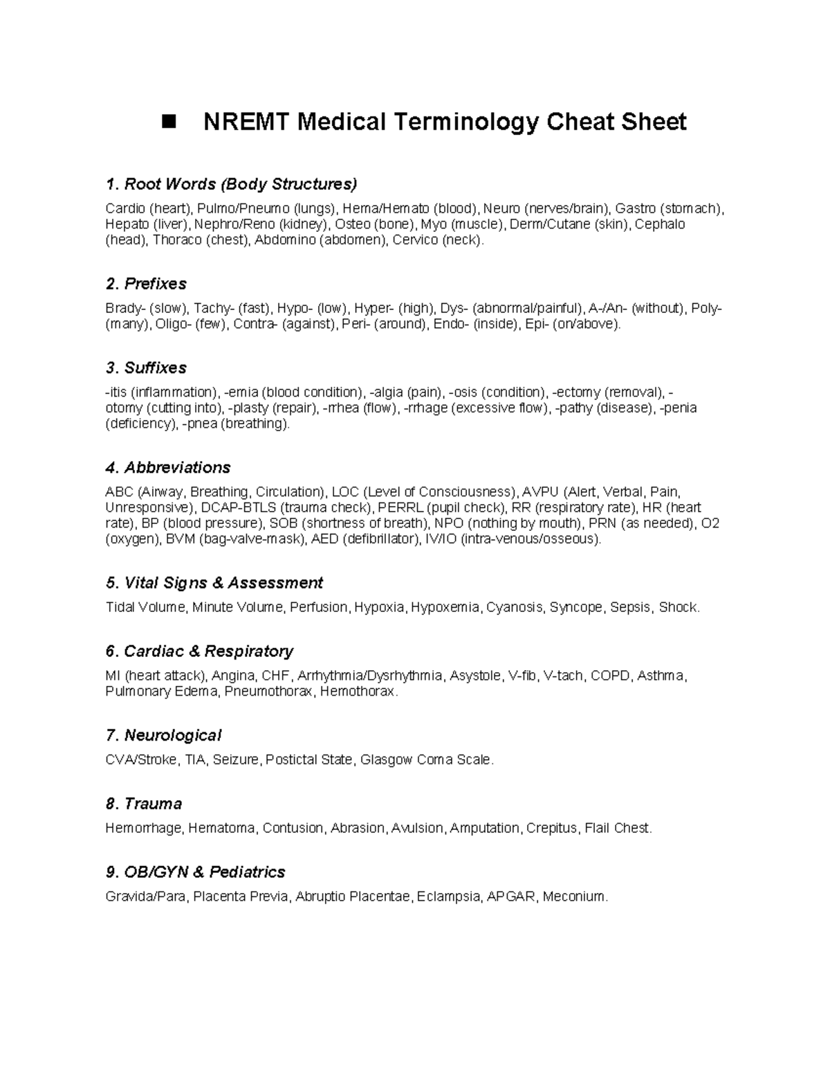 NREMT Medical Terminology Cheat Sheet: Key Terms & Abbreviations - Studocu