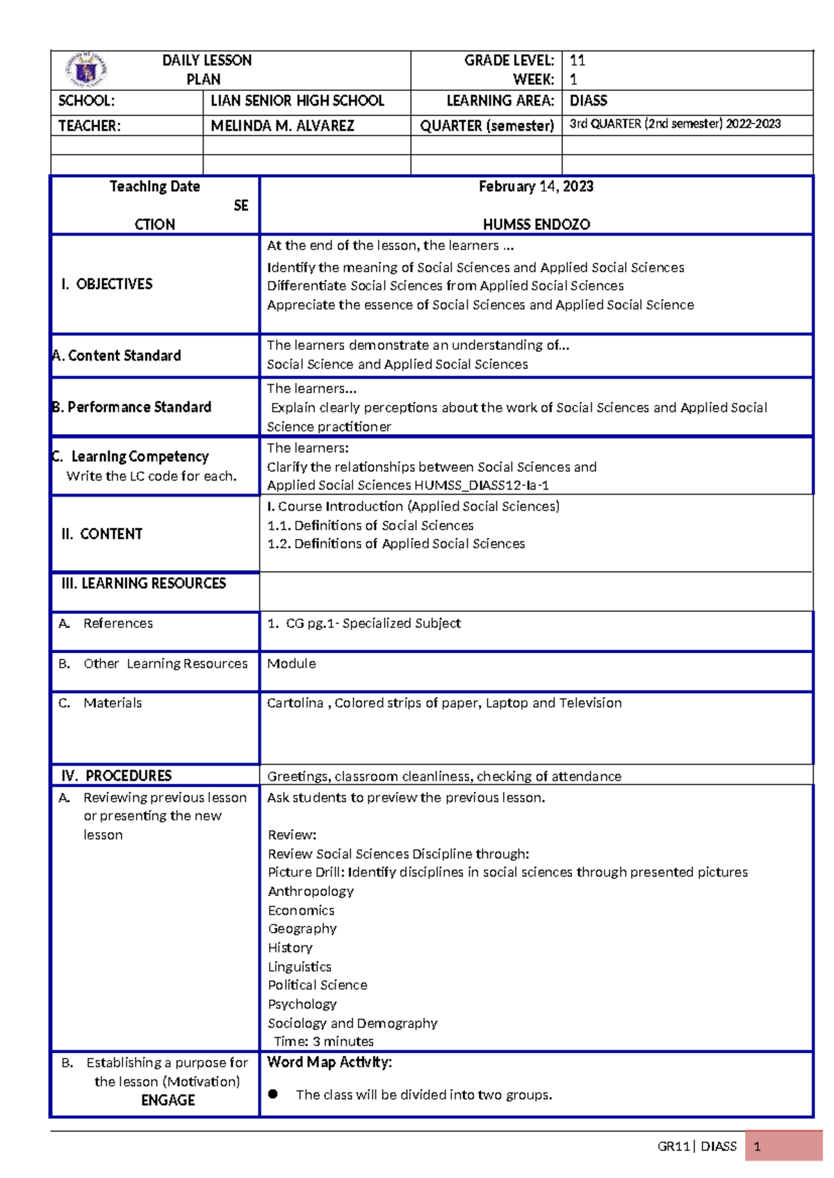Wk1-D1 DIASS Daily Lesson Plan for Grade 11 - 3rd Quarter - Studocu