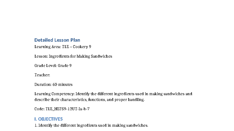 TLE9 Detailed Lesson Plan: Ingredients for Making Sandwiches - Studocu