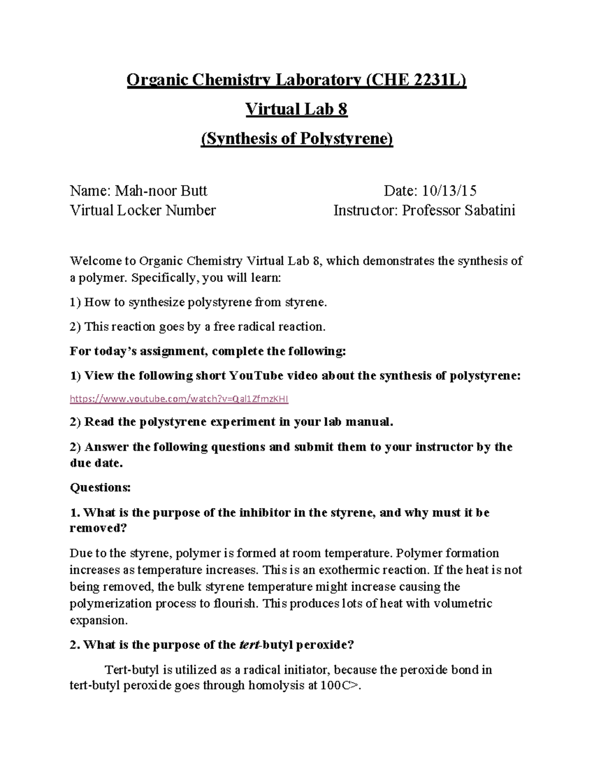 Orgo Lab 8 - lab - Organic Chemistry Laboratory (CHE 2231L) Virtual Lab ...