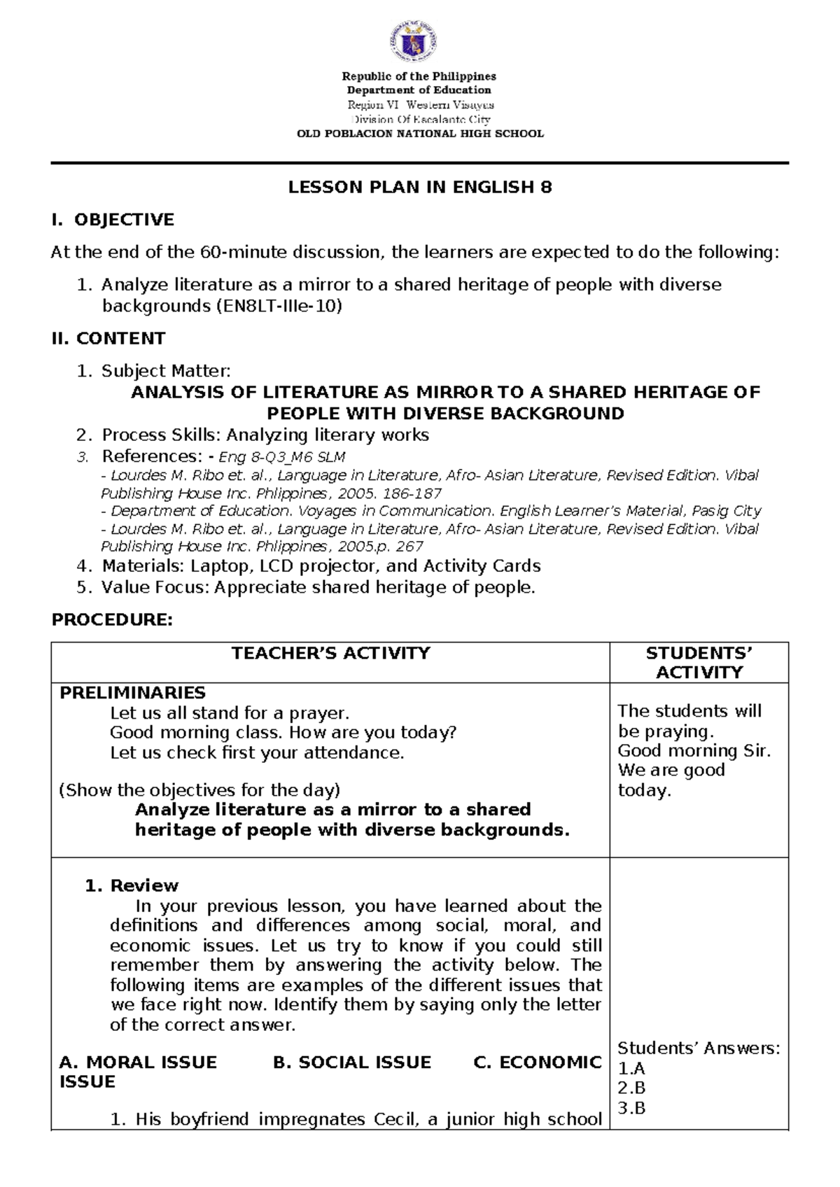 English 8 Literature Lesson Plan: Analyzing Diverse Heritage 519720896 ...