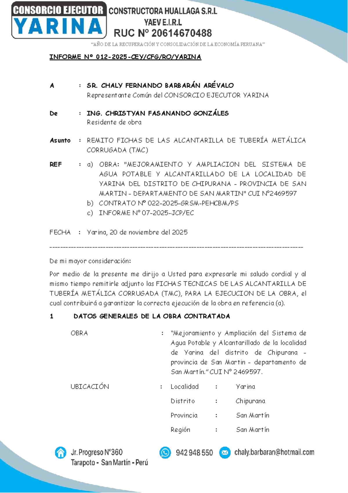 Informe N° 012: Remisión de Fichas Técnicas de Alcantarilla TMC - Studocu