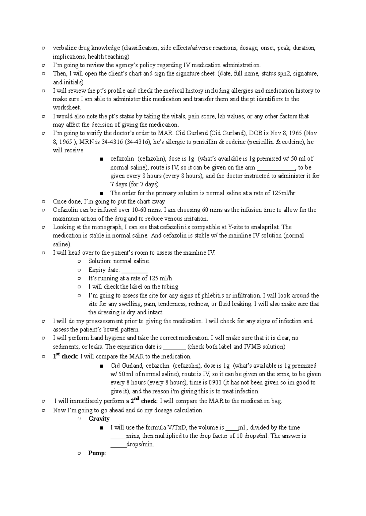 IV Secondary Medication critique script - verbalize drug knowledge ...