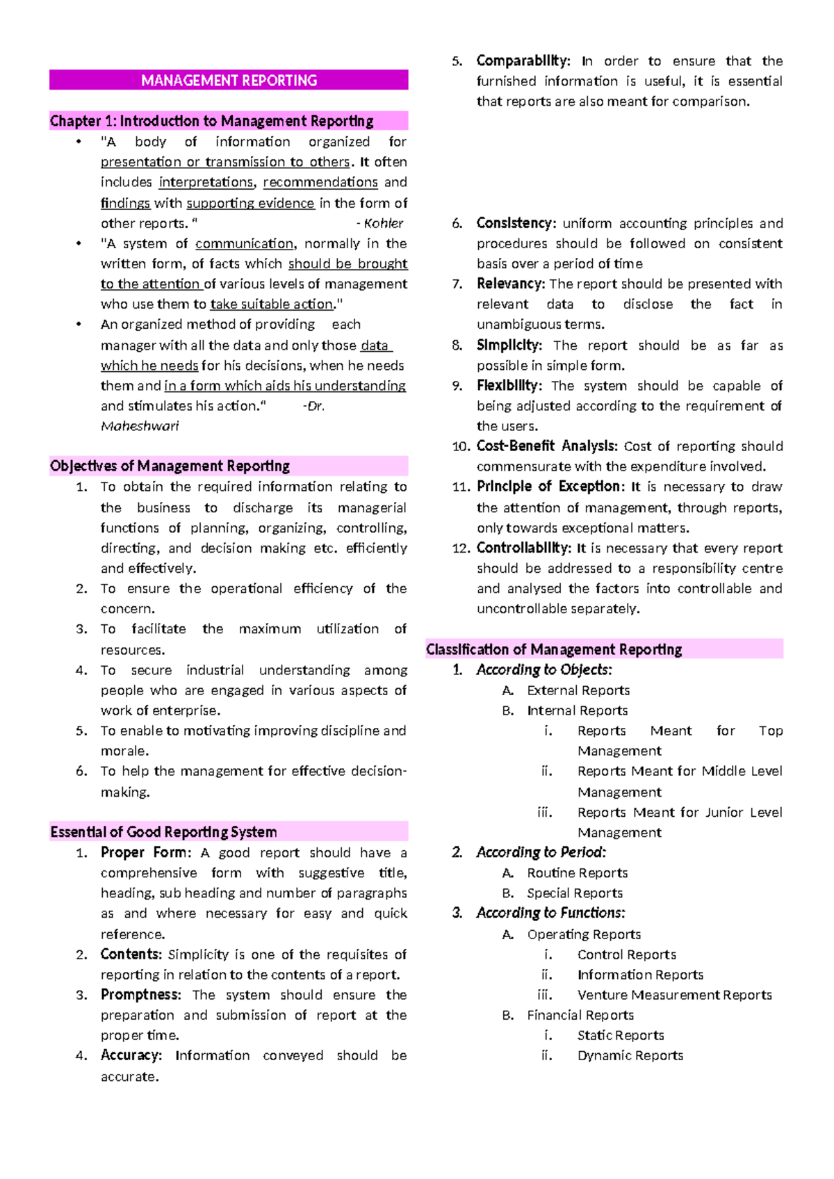 Management- Reporting- Notes - MANAGEMENT REPORTING Chapter 1 ...