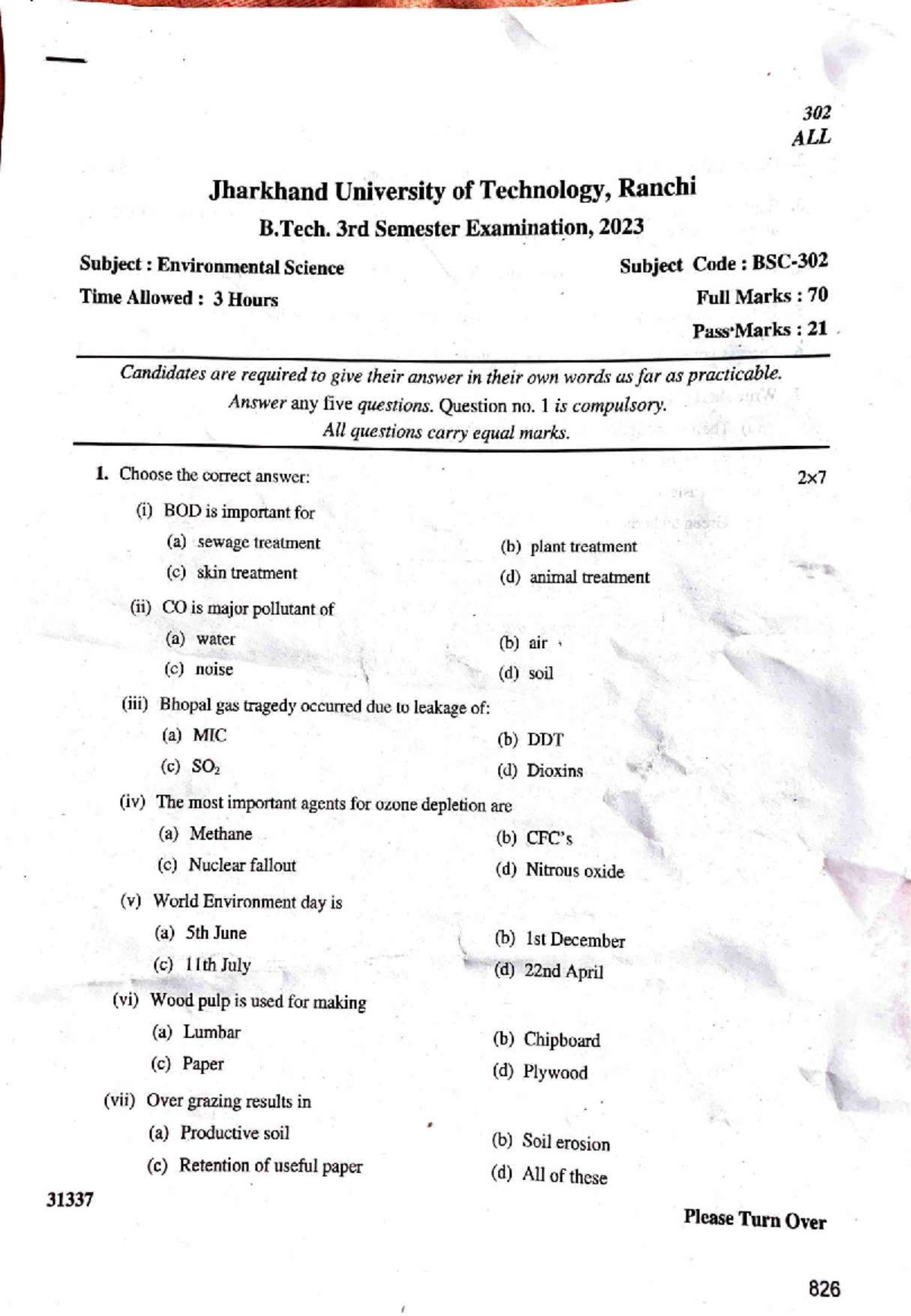 BTech 3rd Sem CSE 2023 Environmental Science Exam Questions - Studocu