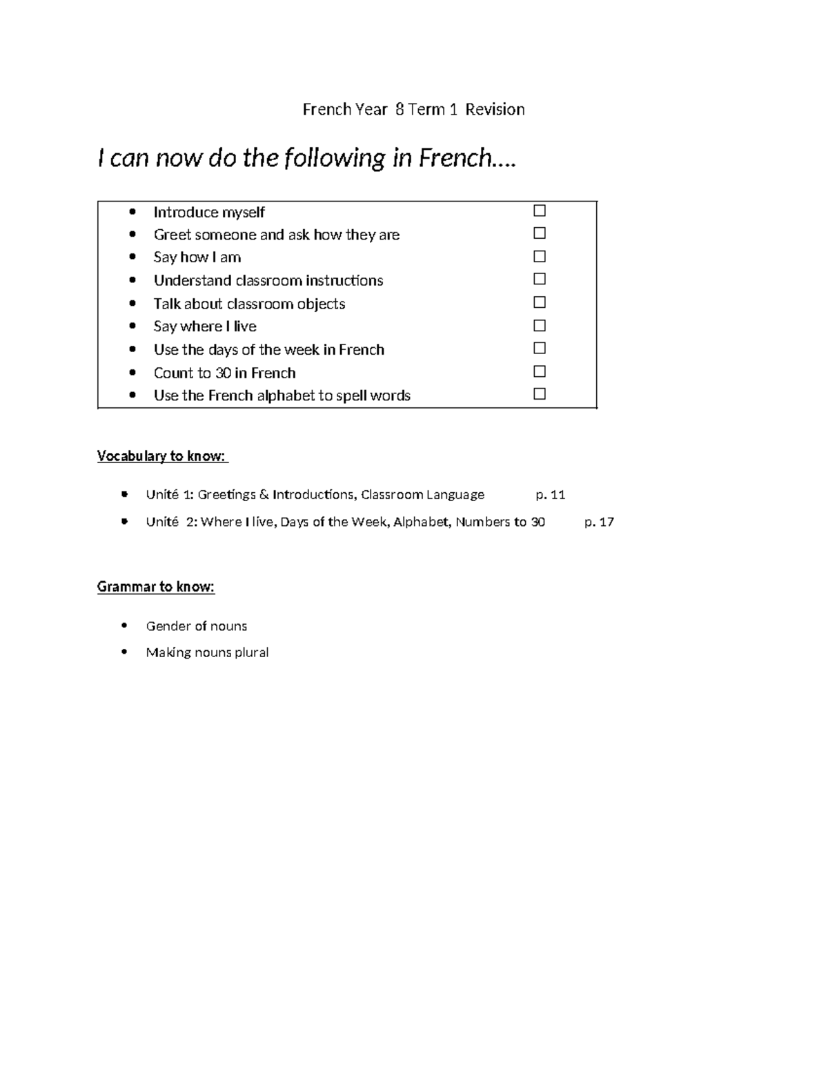 French Year 8 Term 1 Revision Guide - French Year 8 Term 1 Revision I ...