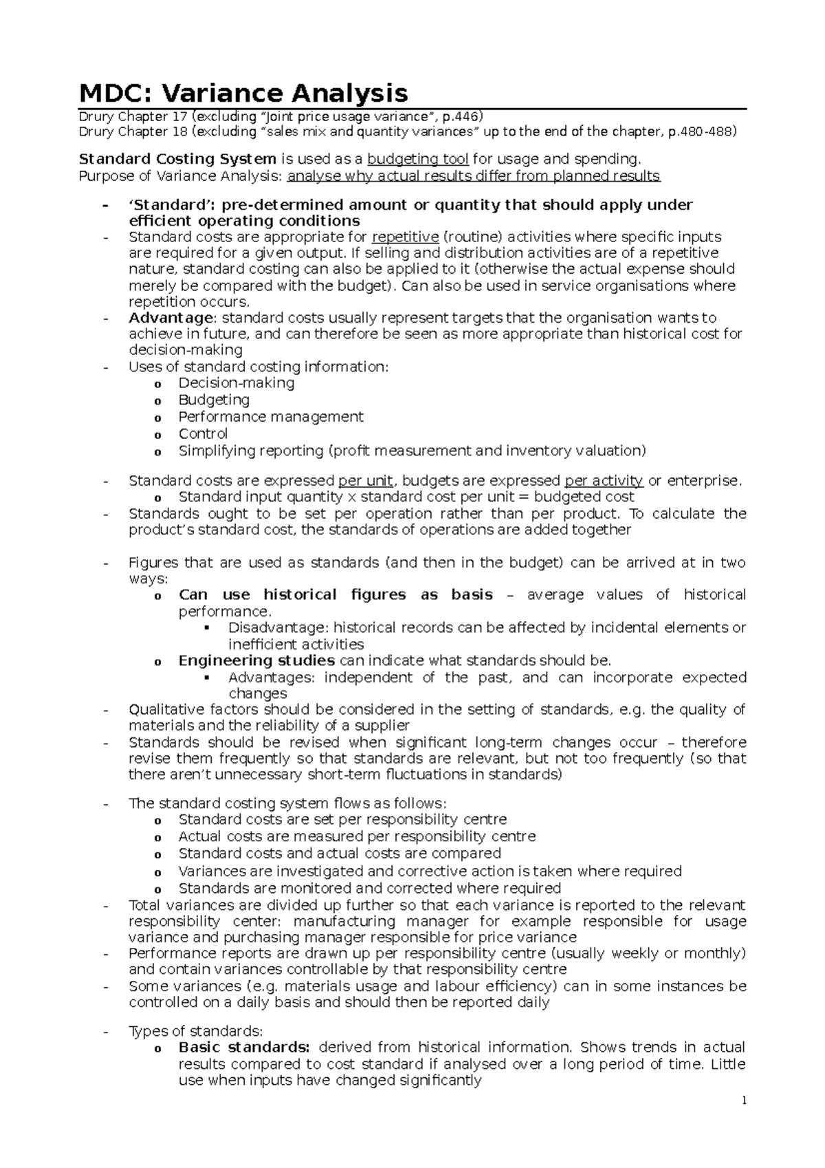 Variance Analysis Summary - MDC: Variance Analysis Drury Chapter 17 ...