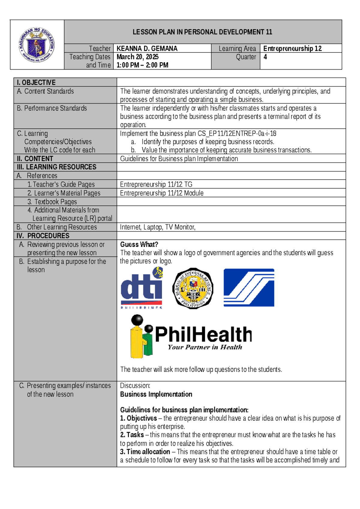 Final Demonstration Teaching Lesson PLAN IN Entrep Editable - I ...