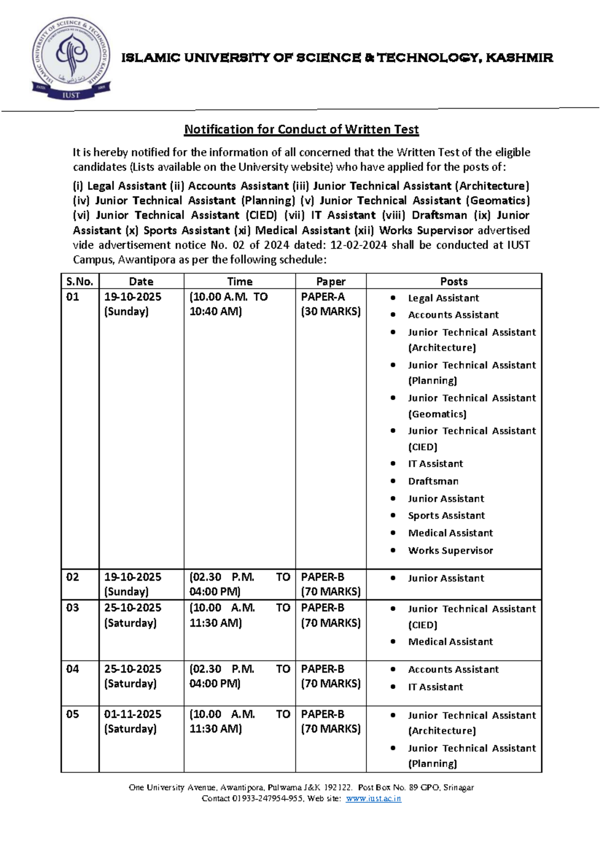 IUST Written Test Notification for Various Assistant Posts - Studocu