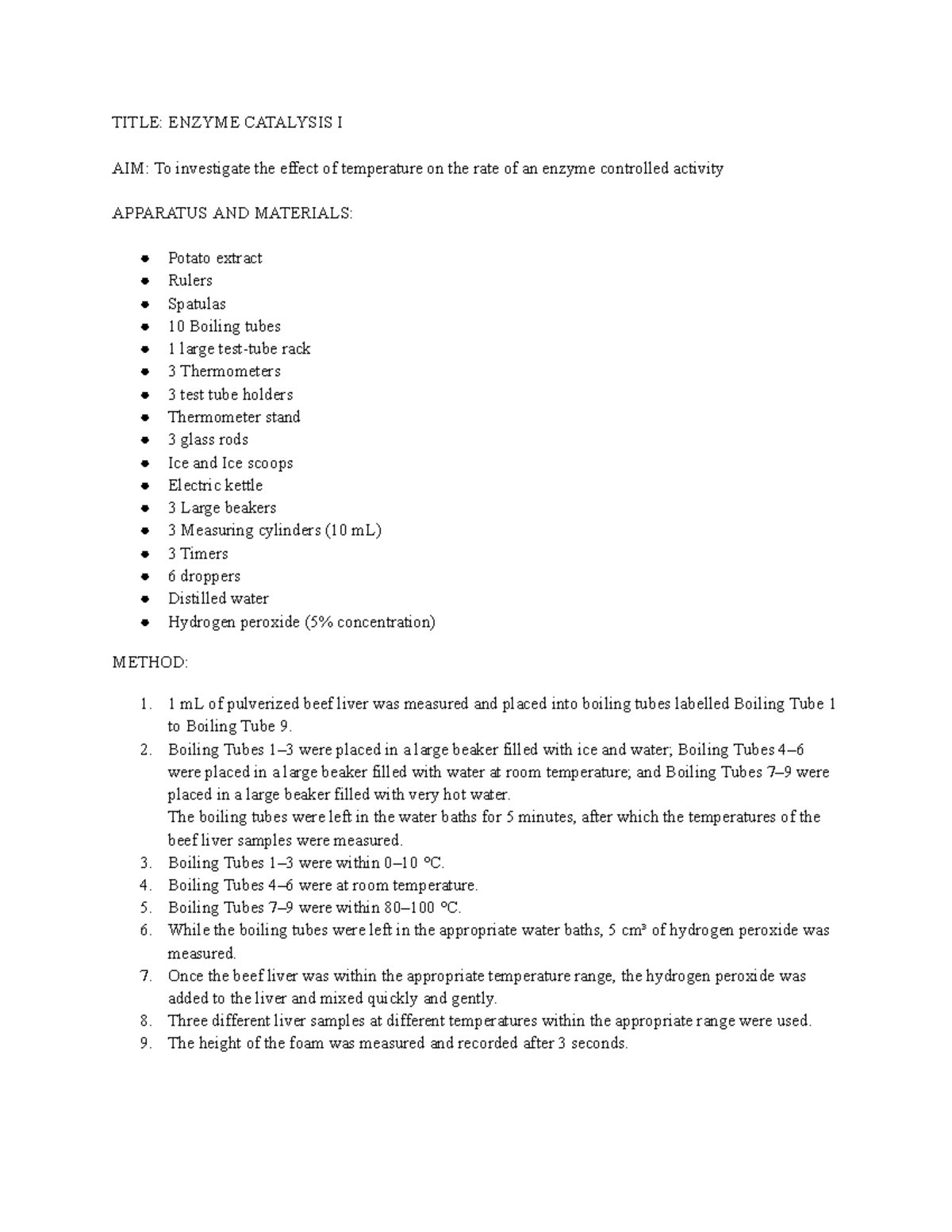 Enzyme Catalysis I: Effect of Temperature on Activity Rate - Studocu